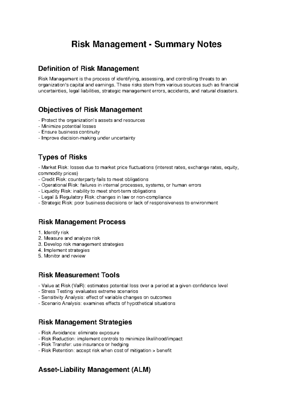 Risk Management Notes - ALM Overview and Strategies - Studocu
