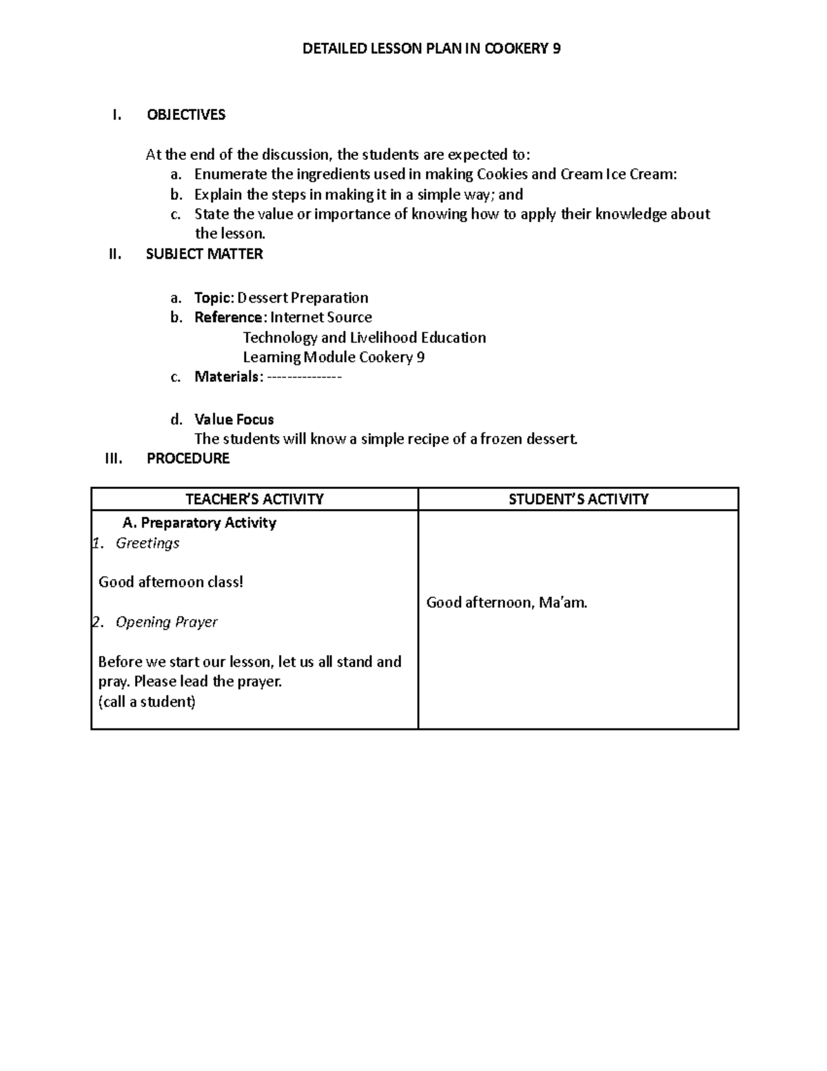 Dessert Preparation - For tour perusal. - DETAILED LESSON PLAN IN ...