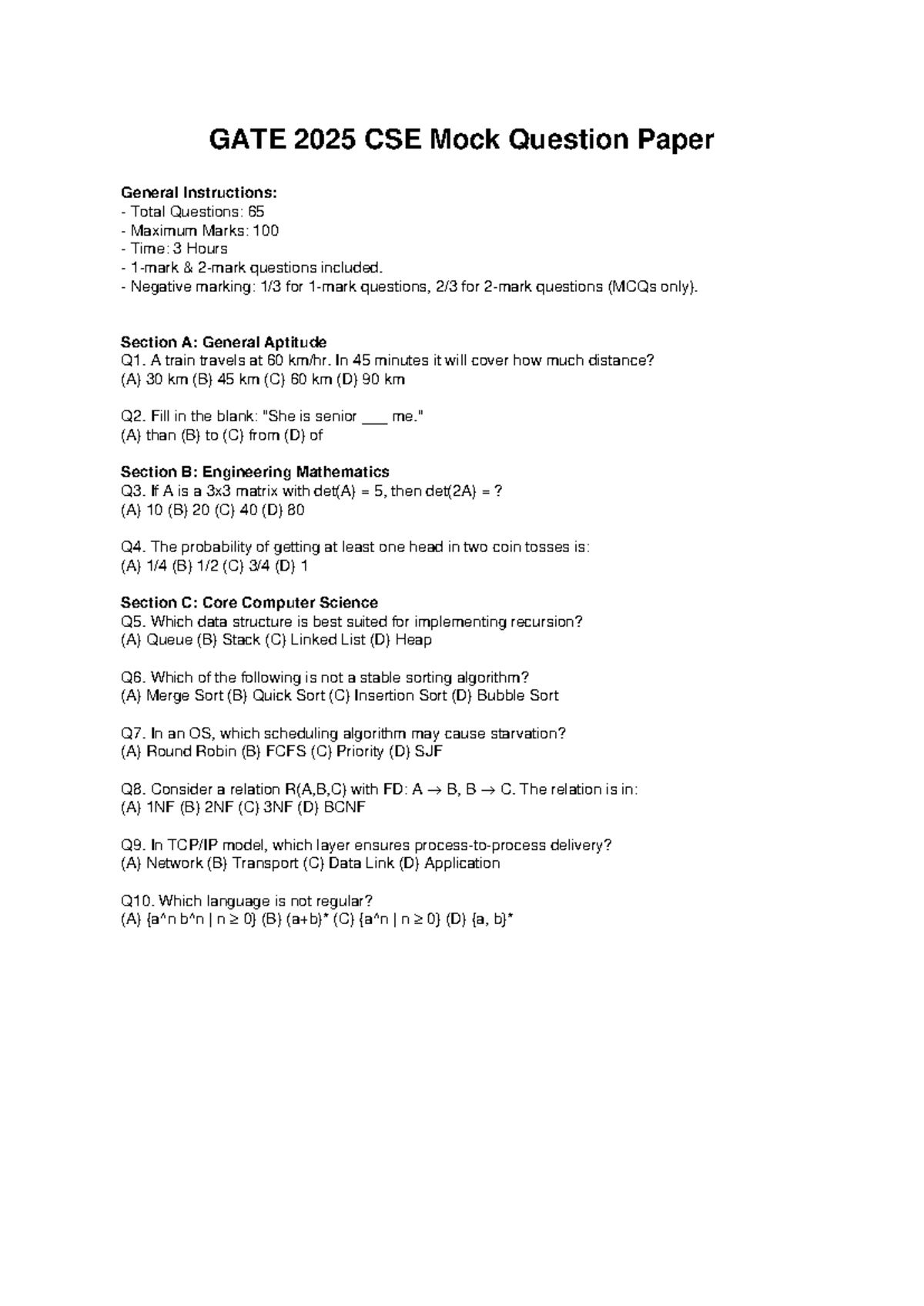 GATE 2025 CSE Mock Question Paper with General Instructions - Studocu