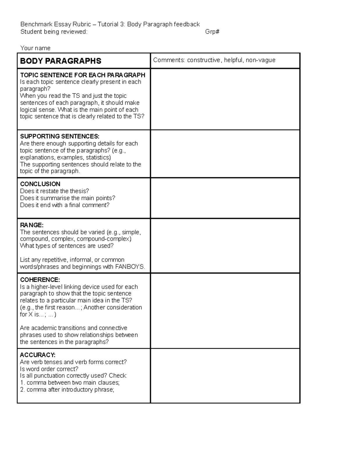 Benchmark Peer Review - Tutorial 3: Body Paragraph Feedback - Studeersnel