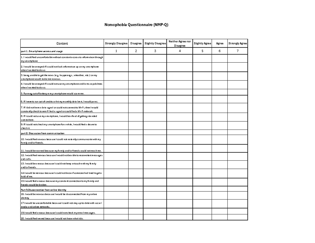NMPQ 1 - Nomophobia Questionnaire: Smartphone Usage Insights - Studocu
