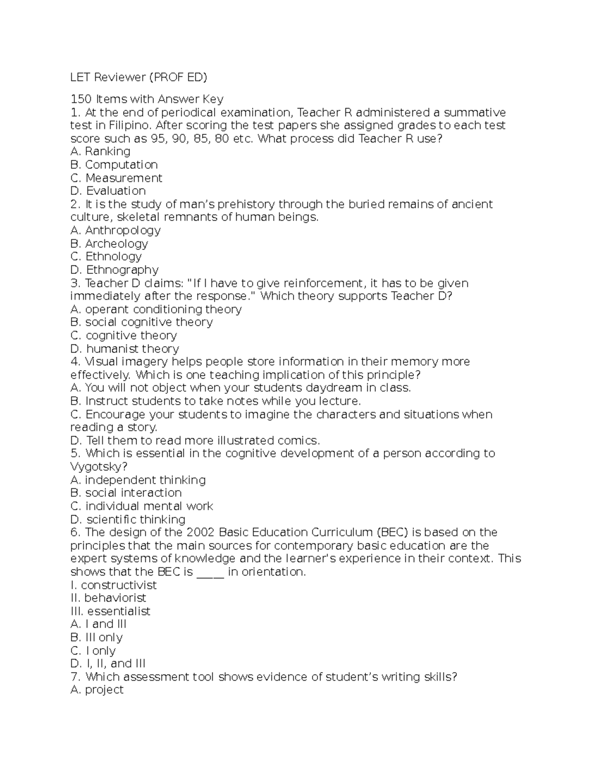 Final Exam LET Reviewer (PROF ED) - 150 Items with Answer Key - Studocu