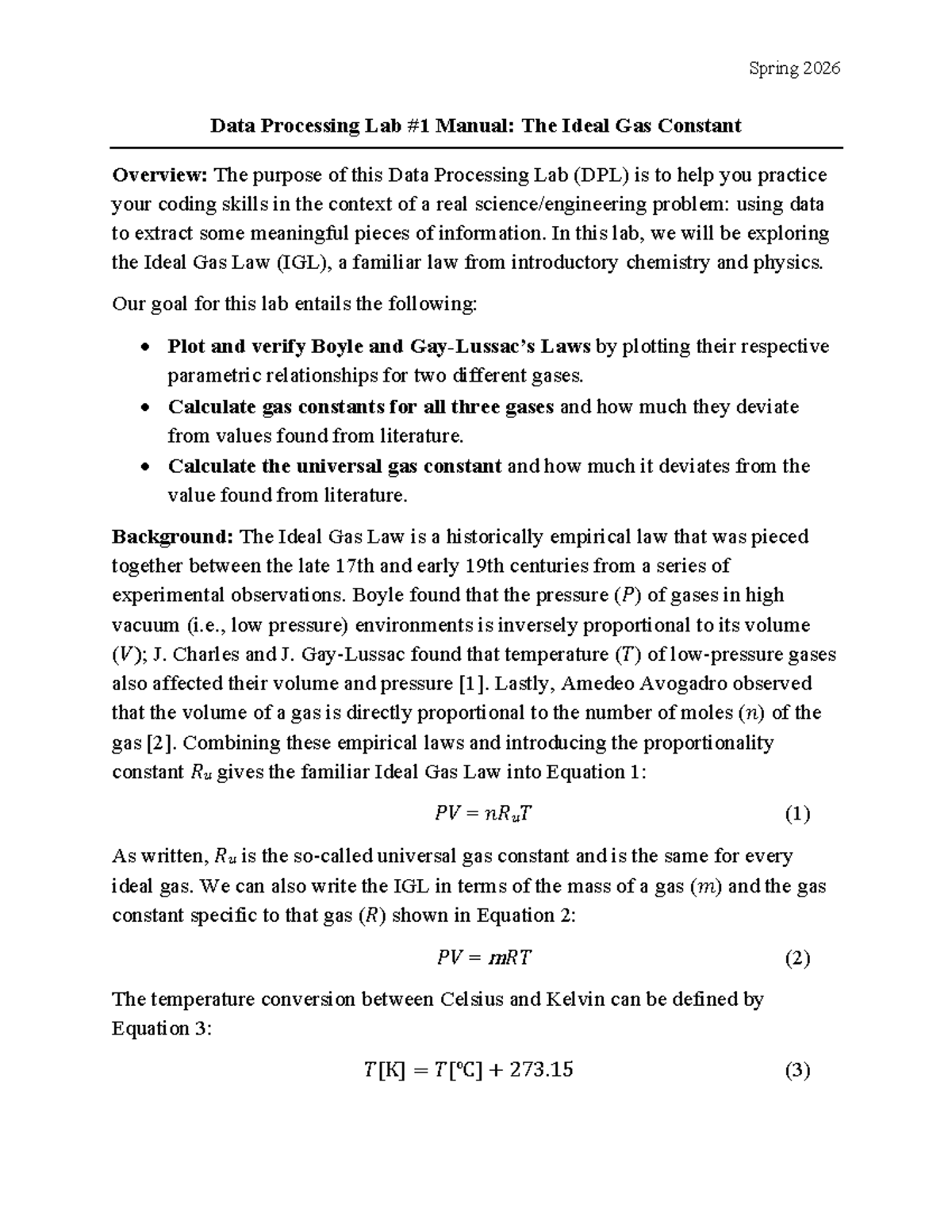 Spring 2026 Data Processing Lab Manual: Ideal Gas Law Analysis - Studocu