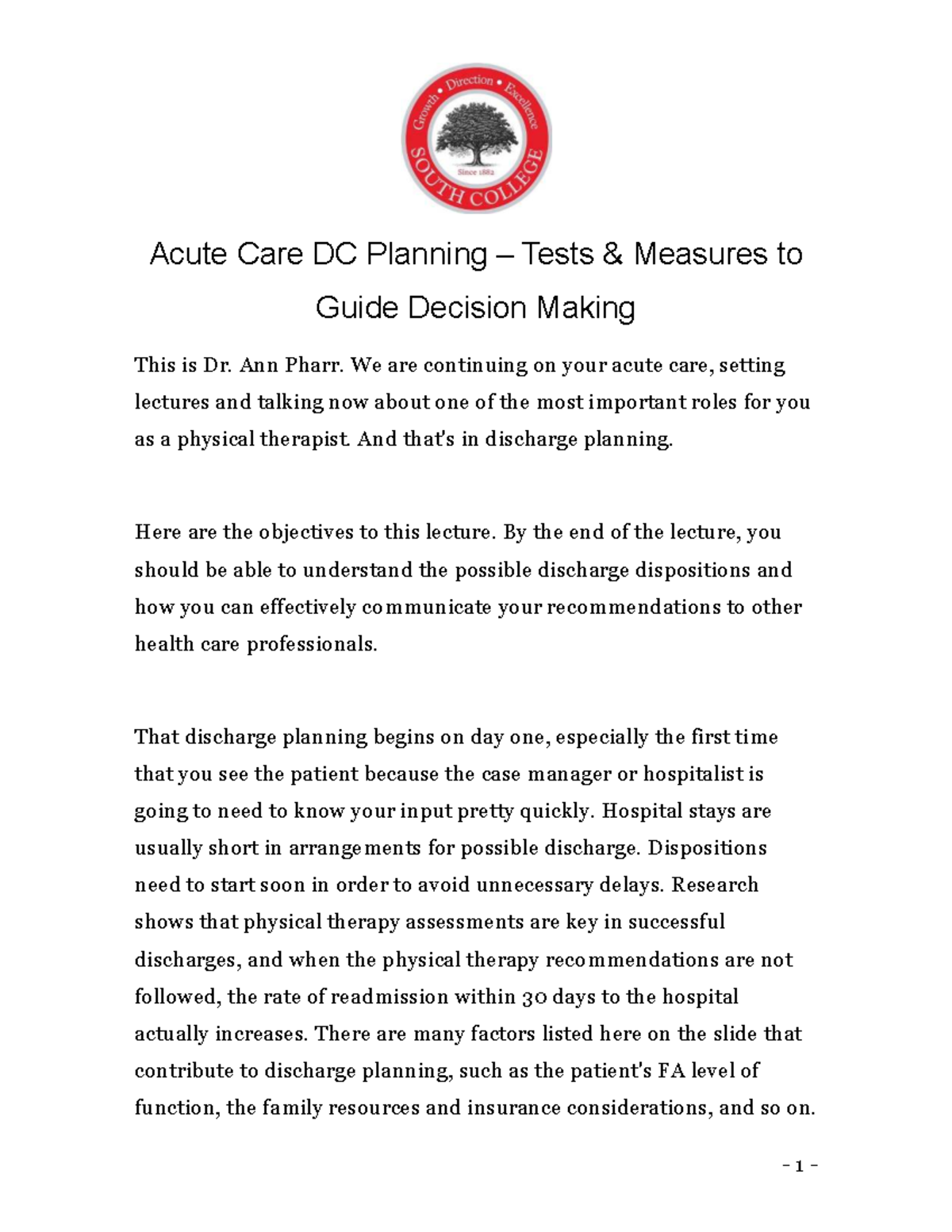 Acute Care DC Planning: Key Tests & Measures for Discharge Decisions ...