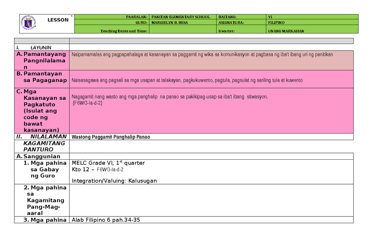 CO 1 FIL 6 - Lesson Plan on Panghalip Panao for Grade VI - Studocu