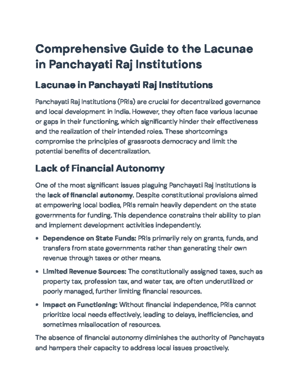 Comprehensive Overview of Lacunae in Panchayati Raj Institutions (PRI ...