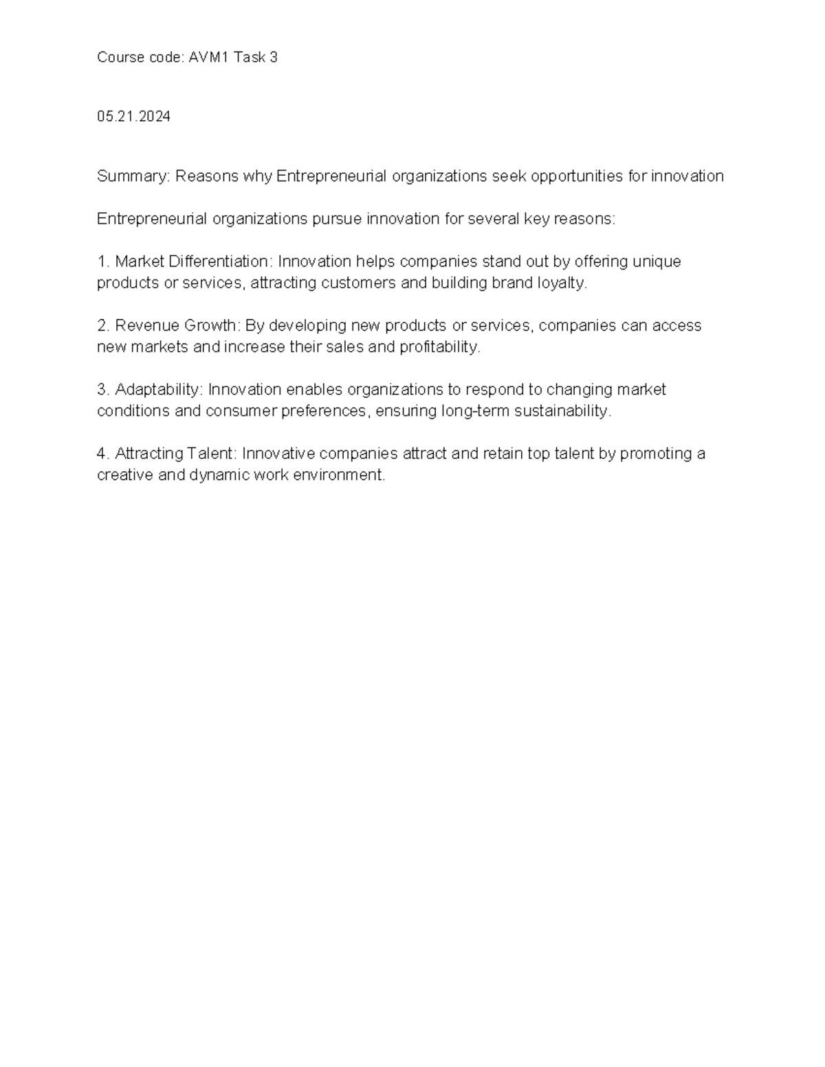 AVM1 task 3 2024/25 - Course code: AVM1 Task 3 05. Summary: Reasons why ...