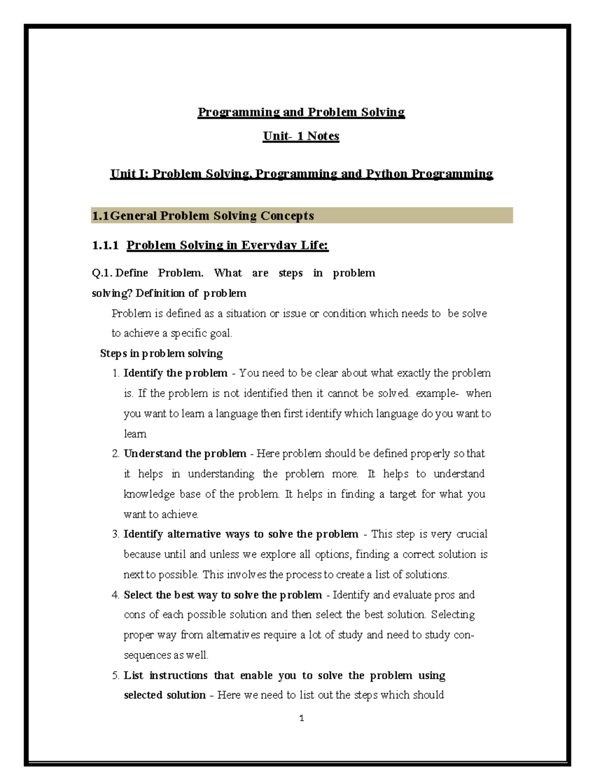 PPS Unit 1 - Problem Solving Concepts and Python Programming Notes ...