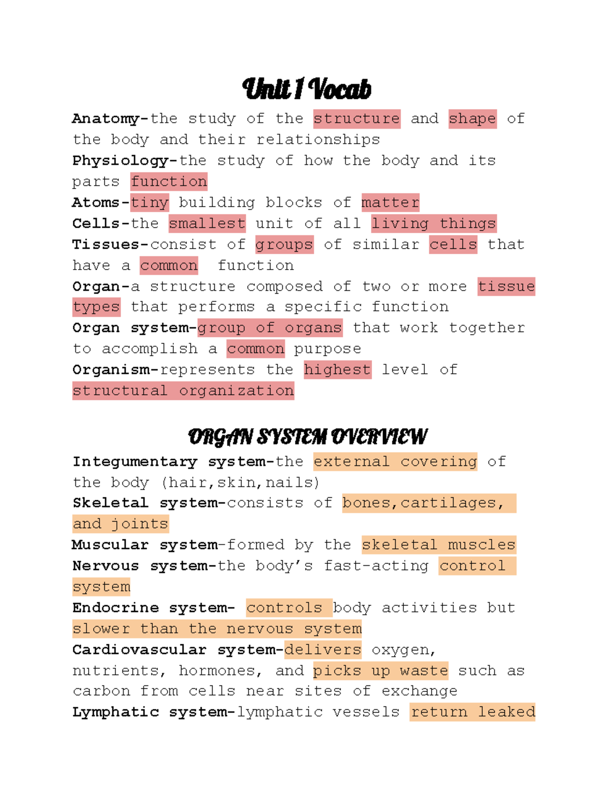 Unit 1 Anatomy & Physiology Vocabulary Overview - Studocu