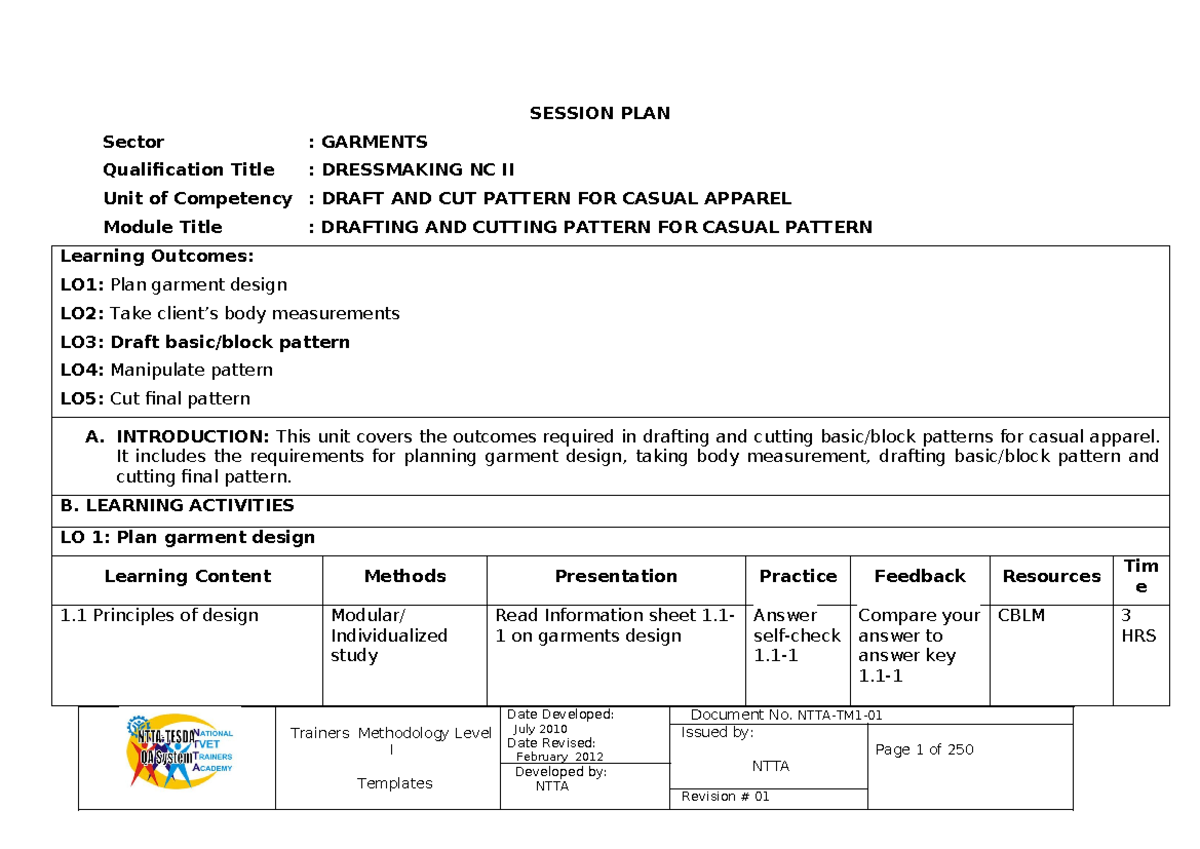 Session Plan: Draft & Cut Patterns for Casual Apparel (Dressmaking NC ...