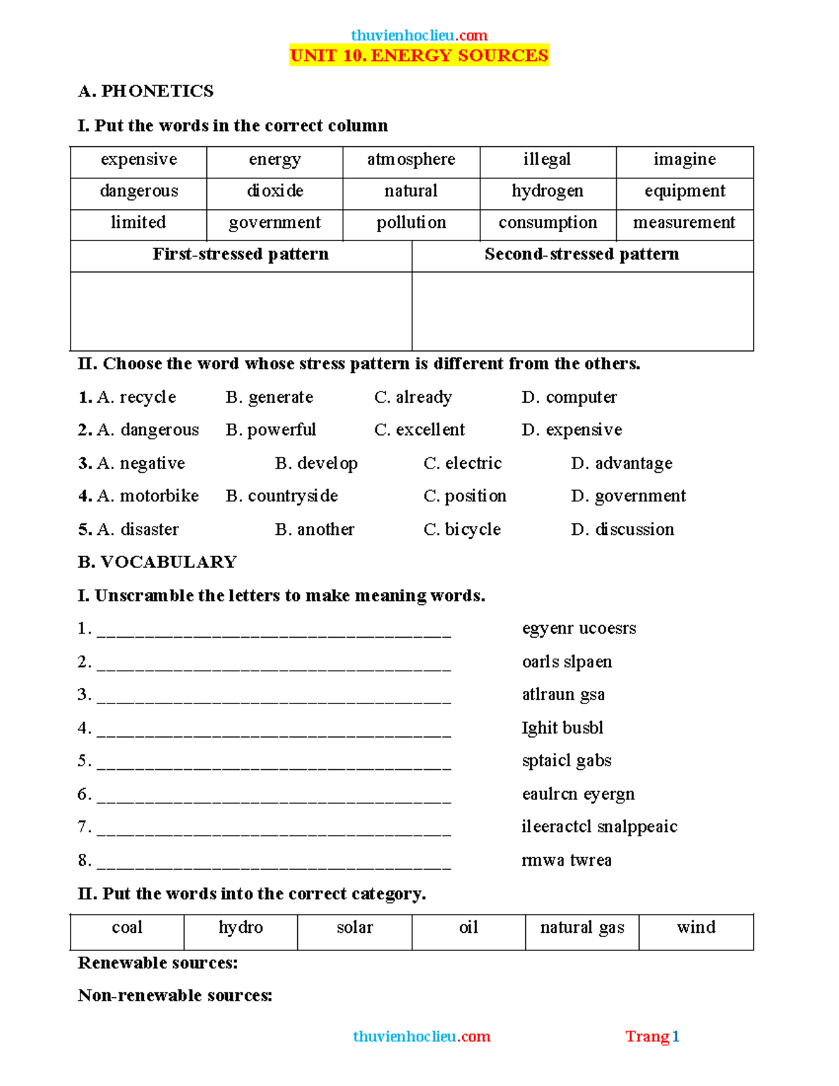 UNIT 10: ENERGY SOURCES - Phonetics, Vocabulary, Grammar & Reading ...
