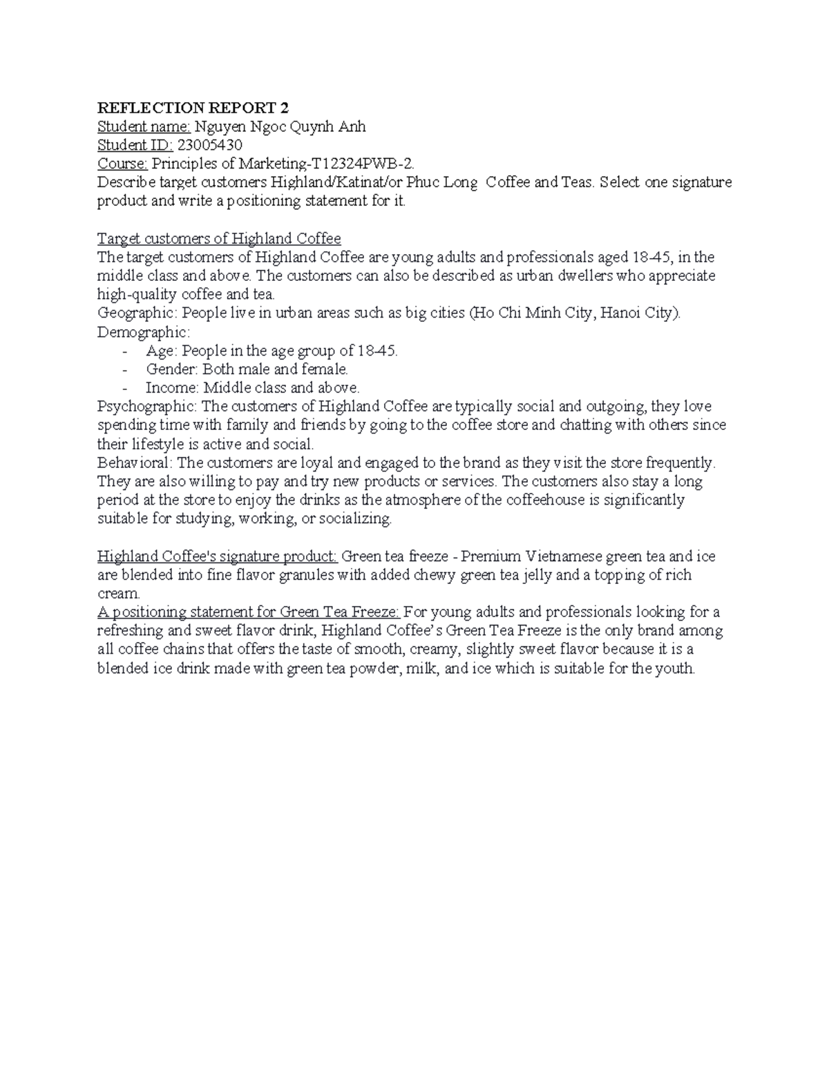 Marketing Reflection Report 2: Target Customers & Positioning Statement ...