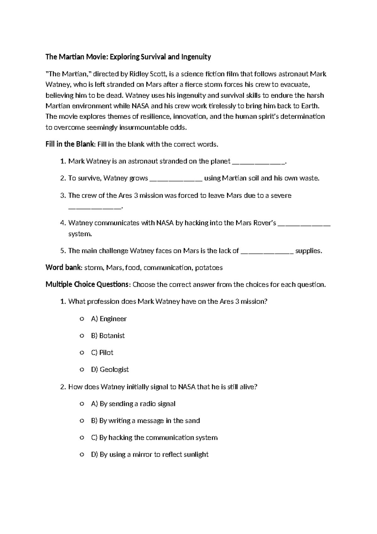 The Martian Movie Worksheet: Exploring Survival Themes and Ingenuity ...