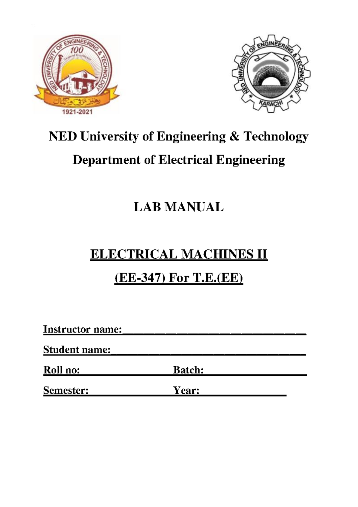 Lab Manual for EE 347: Electrical Machines II at NED University - Studocu