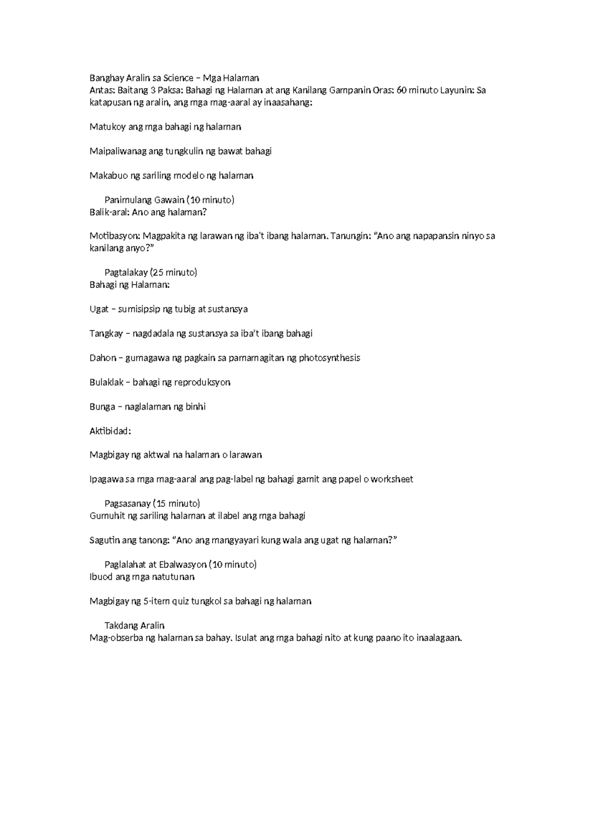 Banghay Aralin sa Science 3: Mga Bahagi ng Halaman at Gampanin - Studocu
