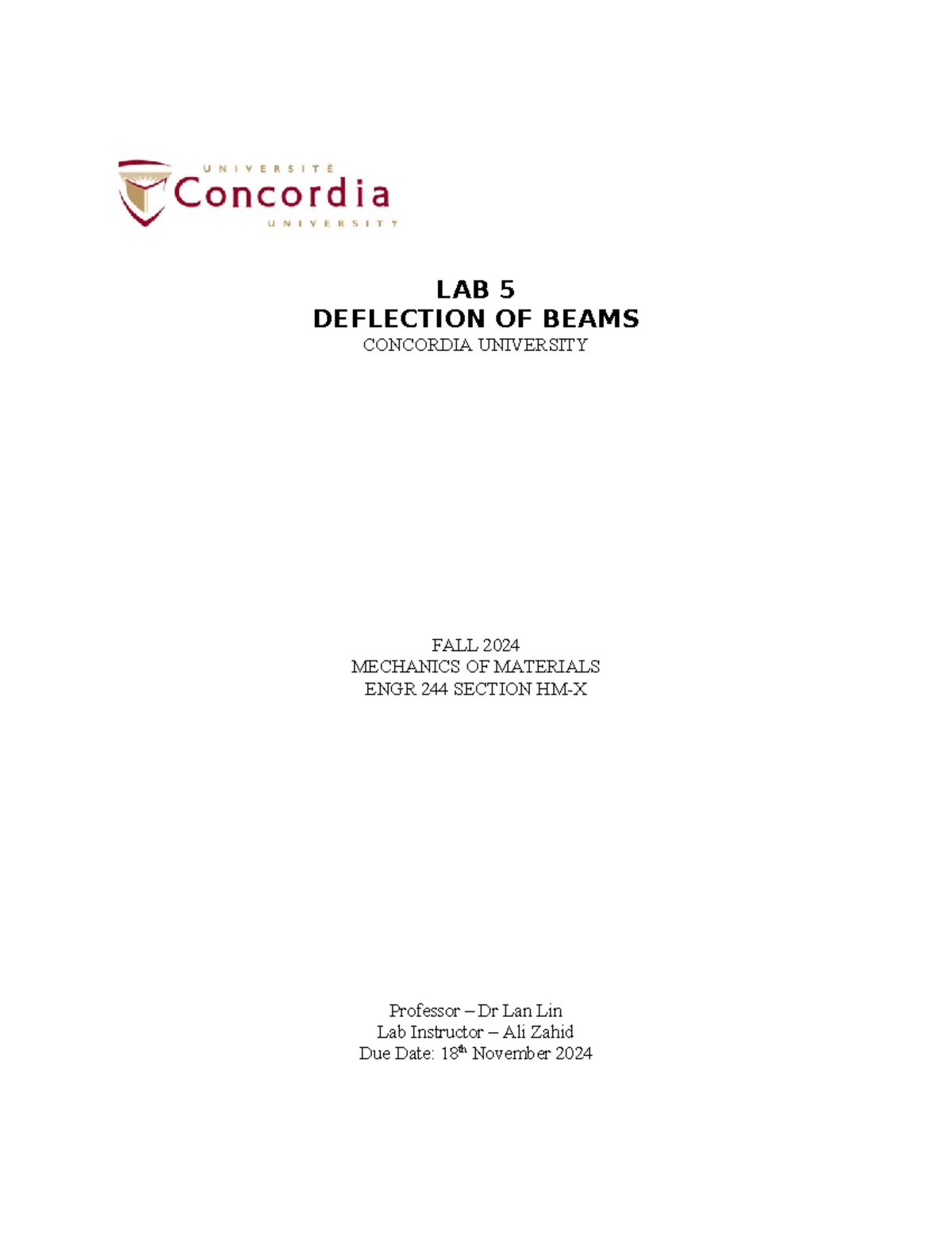 ENGR 244 Fall 2024 - Beam Deflection Lab Report (Lab 5) - Studocu