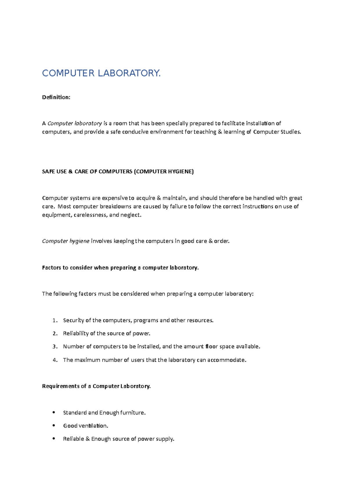 Computer Laboratory Safety Guidelines and Best Practices (CS101) - Studocu