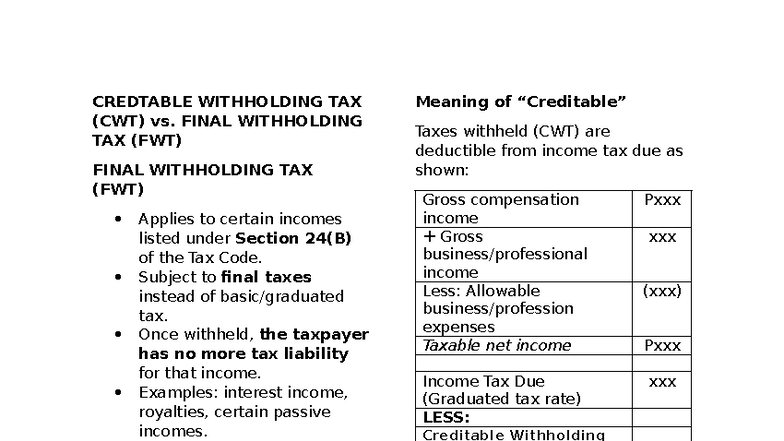 CWT vs. FWT: Key Tax Concepts and Filing Guidelines - Studocu
