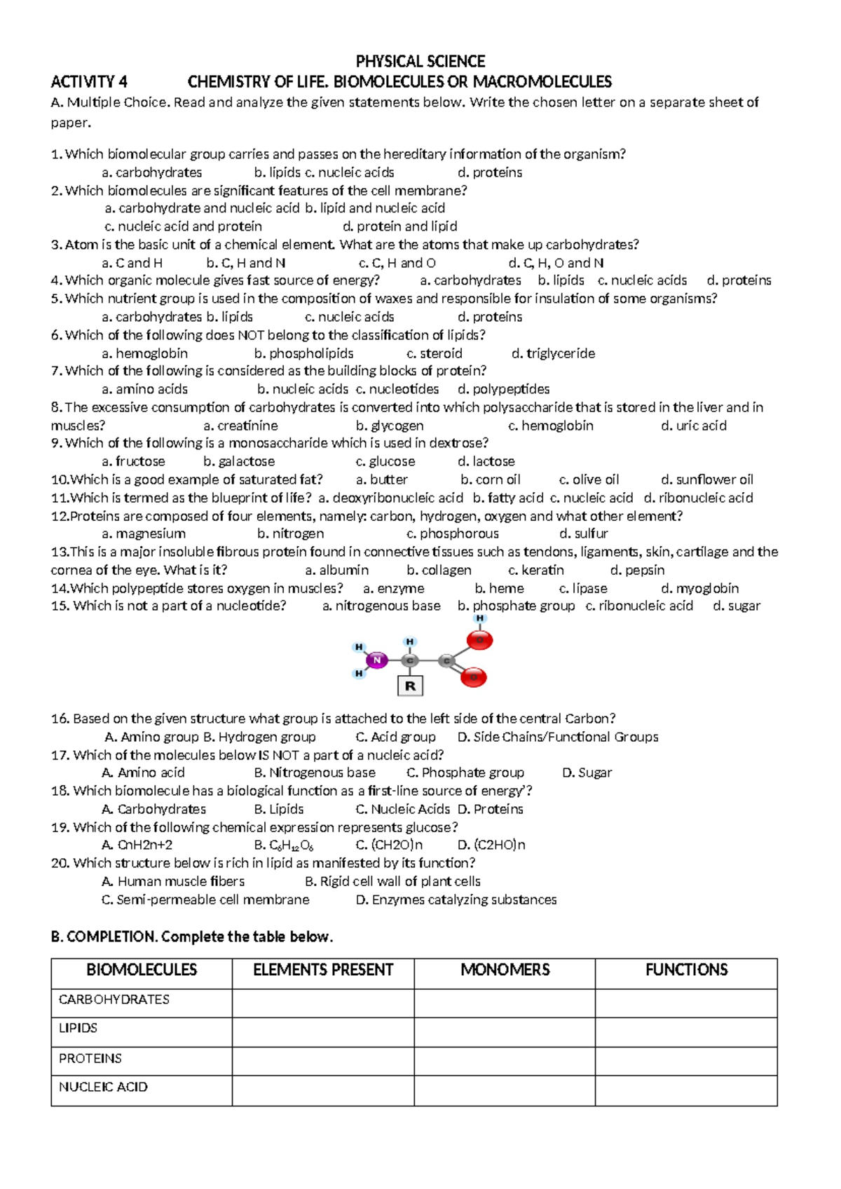 Activity 4 Biomolecules OR Macromoleculs - PHYSICAL SCIENCE ACTIVITY 4 ...