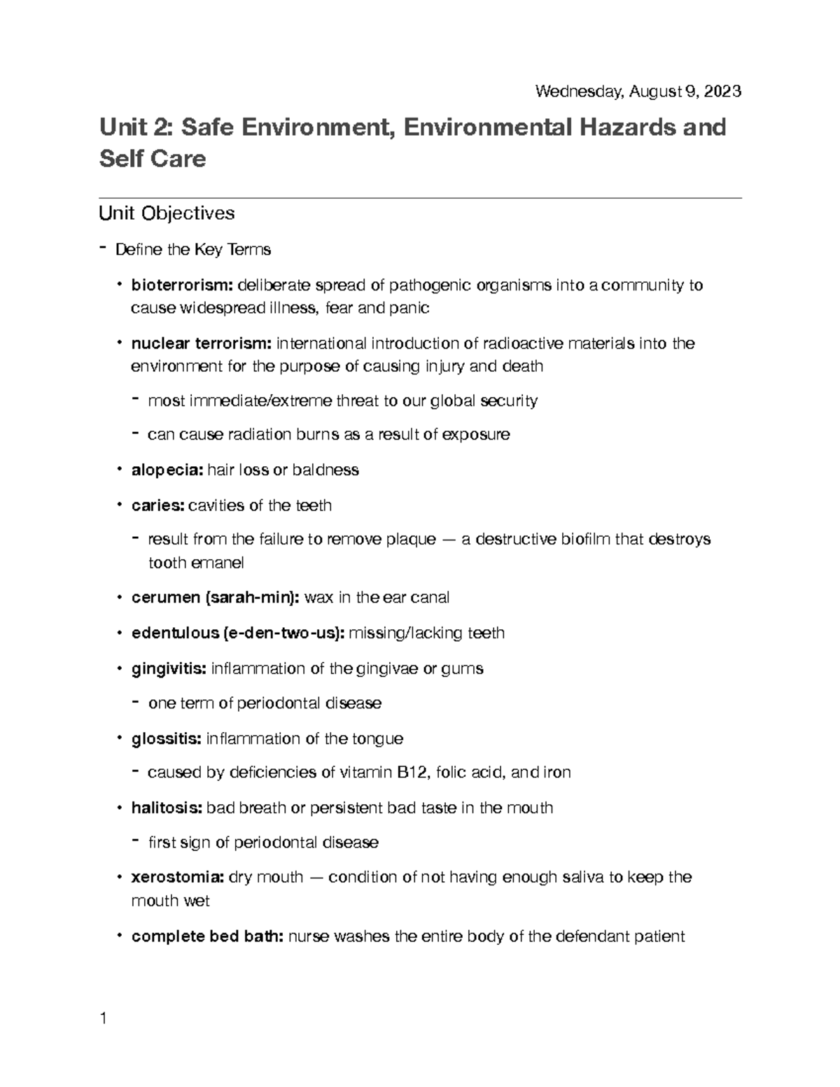 Unit 2 - Safe Environment, Environmental Hazards and Self Care - Updated - Unit 2: Safe ...
