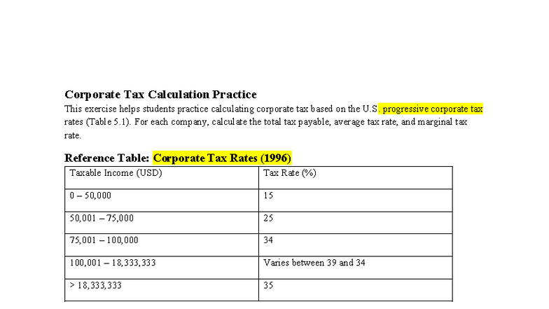 Corporate Tax Calculation Practice: U.S. Rates Exercise - Studocu