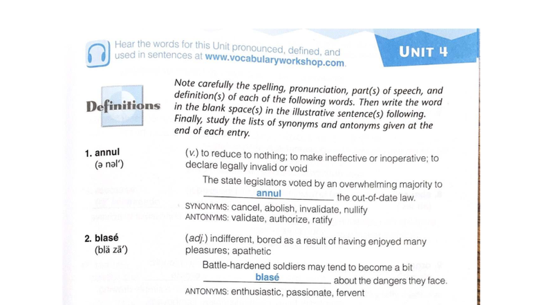 Vocabulary Unit 4 - Definitions, Synonyms, and Sentences - Studocu