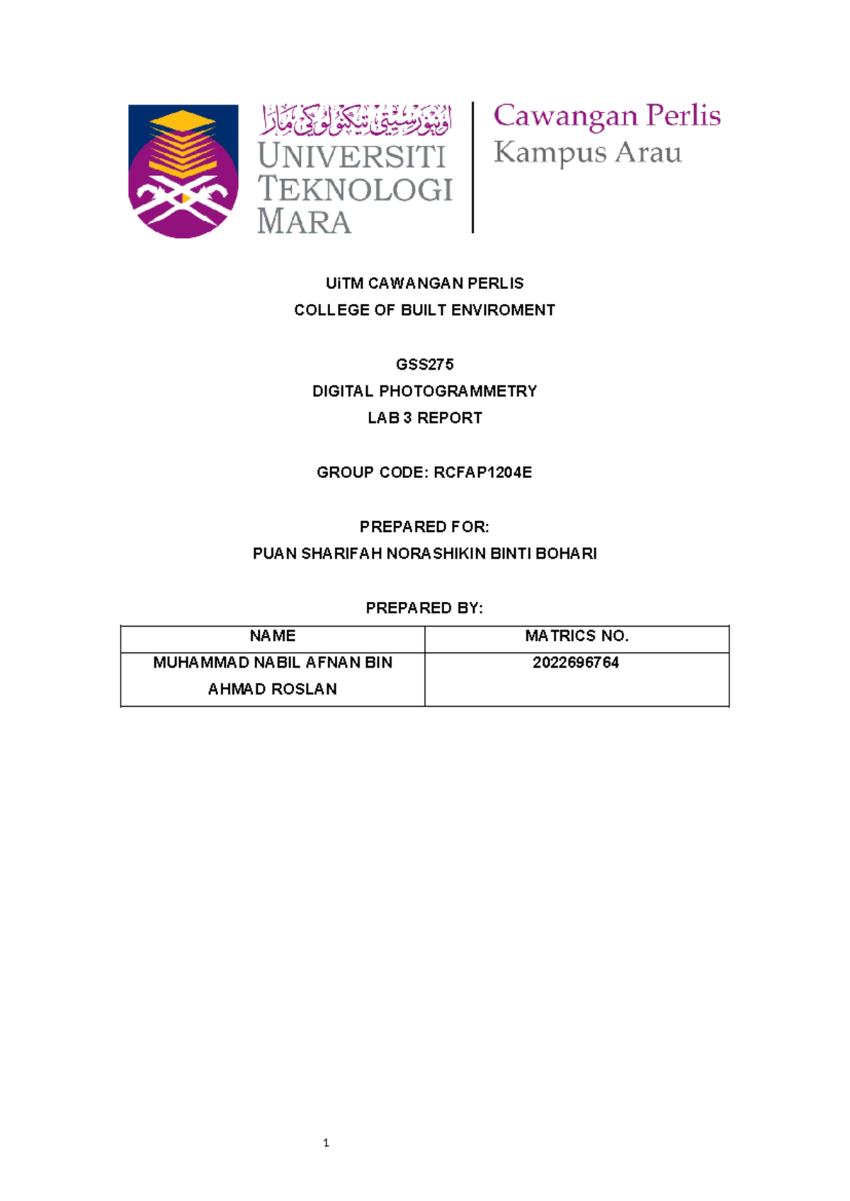 Lab 3 Report - hhfhffjdwduywdooop - UiTM CAWANGAN PERLIS COLLEGE OF ...
