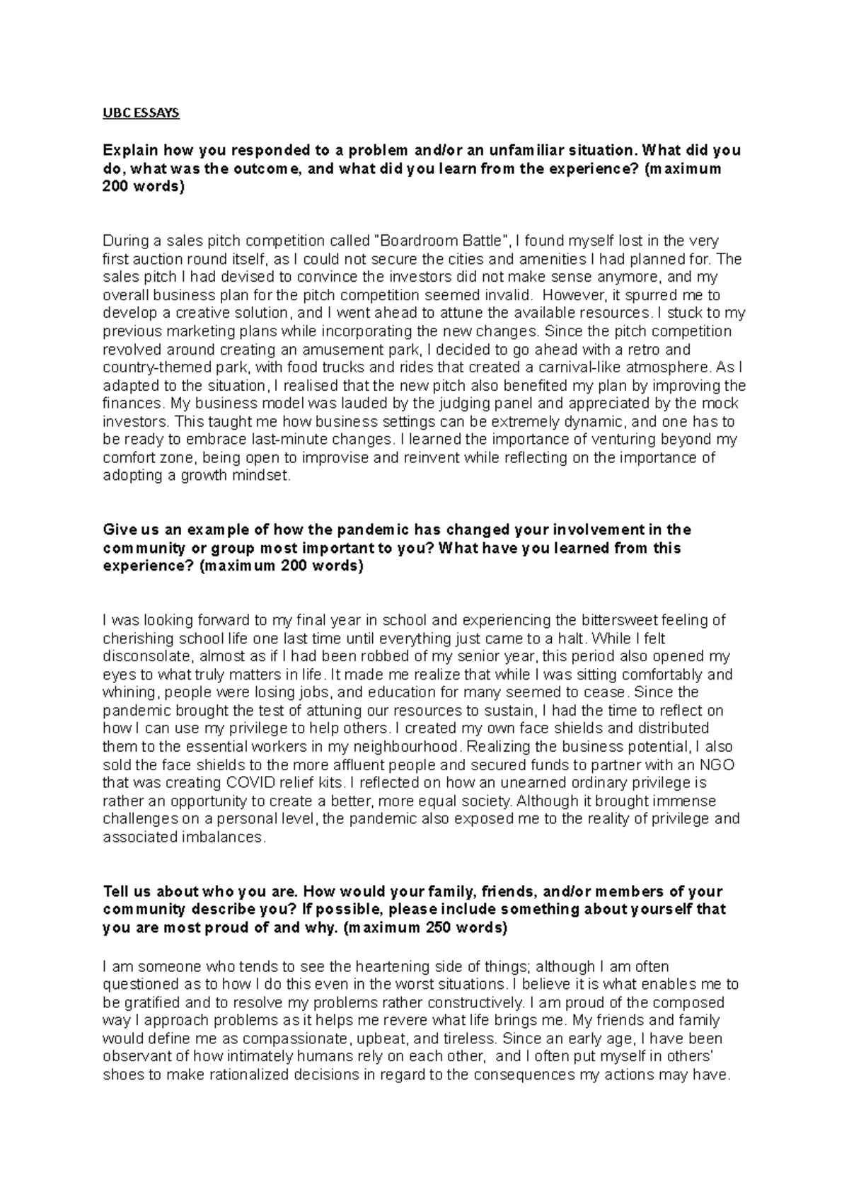 UBC Essay Reflections: Growth Through Challenges and Learning - Studocu