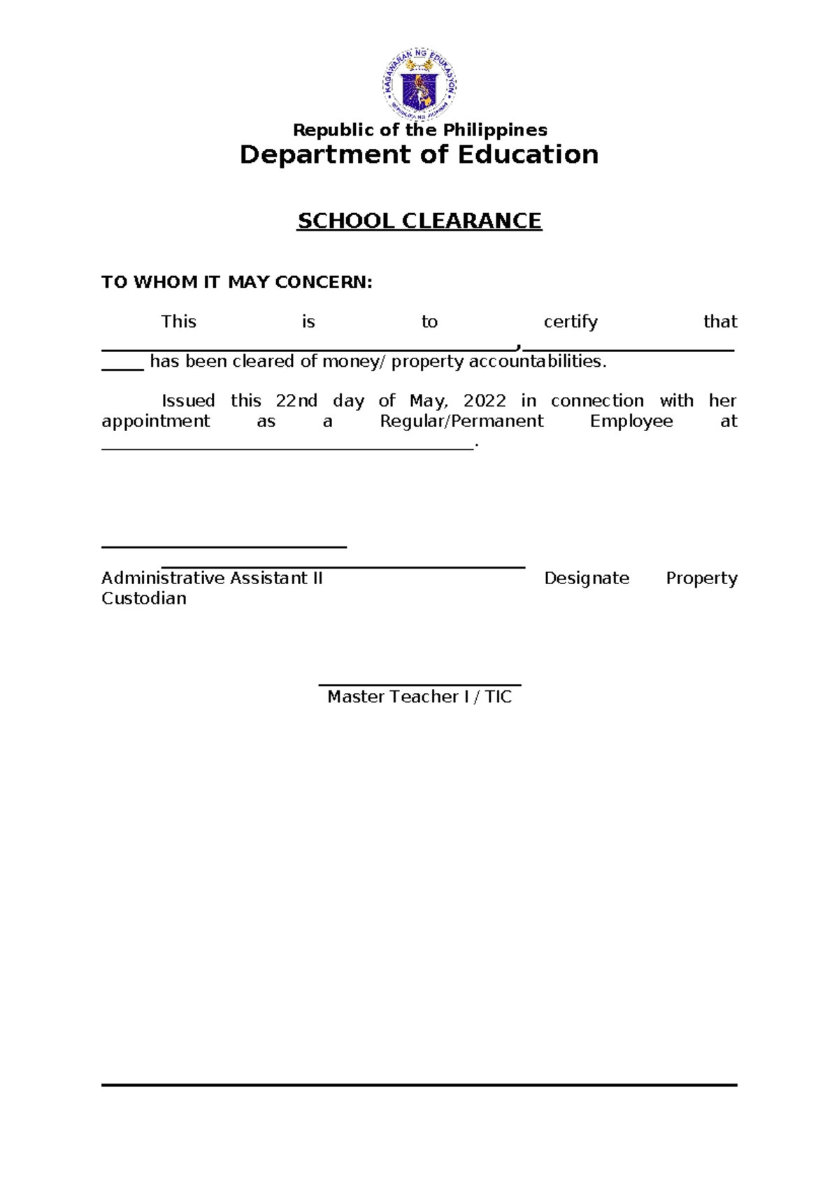 Sf10 Request Form - sample only - Republic of the Philippines ...