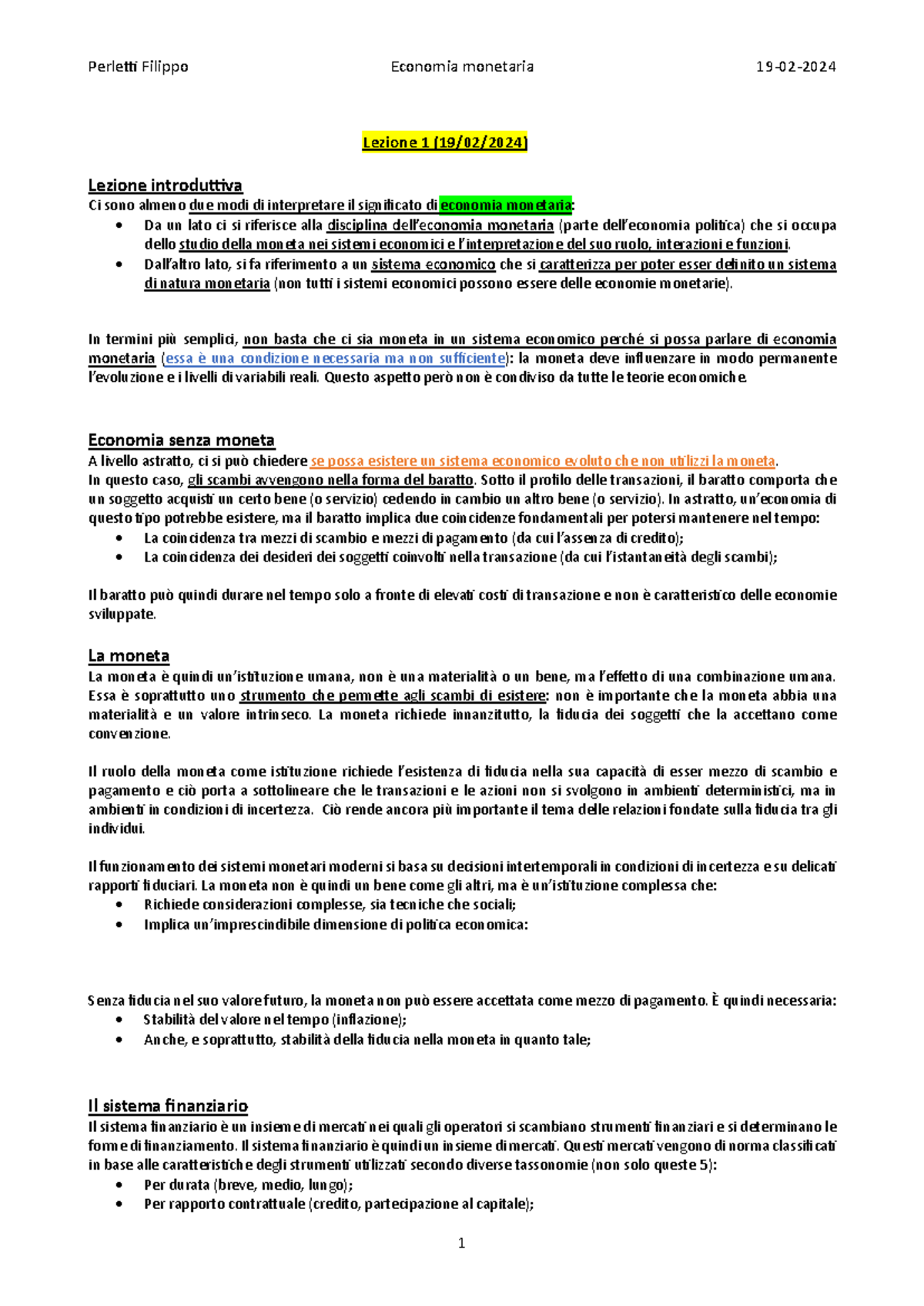 Filippo Economia Monetaria - Lezione 1: Introduzione e Concetti ...