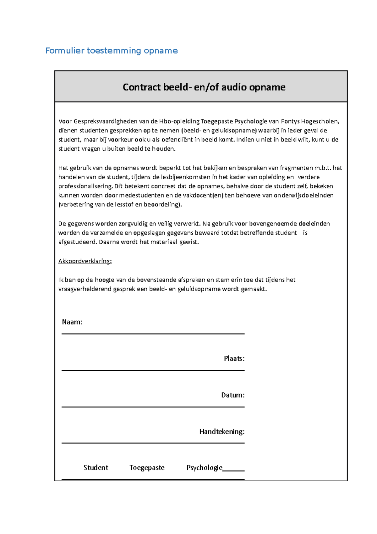 Toestemmingsformulier voor Beeld- en Geluidsopname - Toegepaste ...