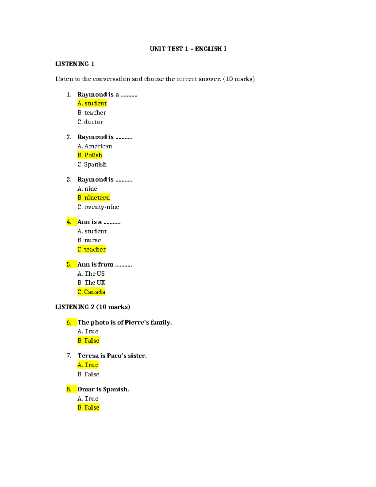UNIT TEST 1 - ENGLISH I LISTENING & WRITING EXERCISES - Studocu