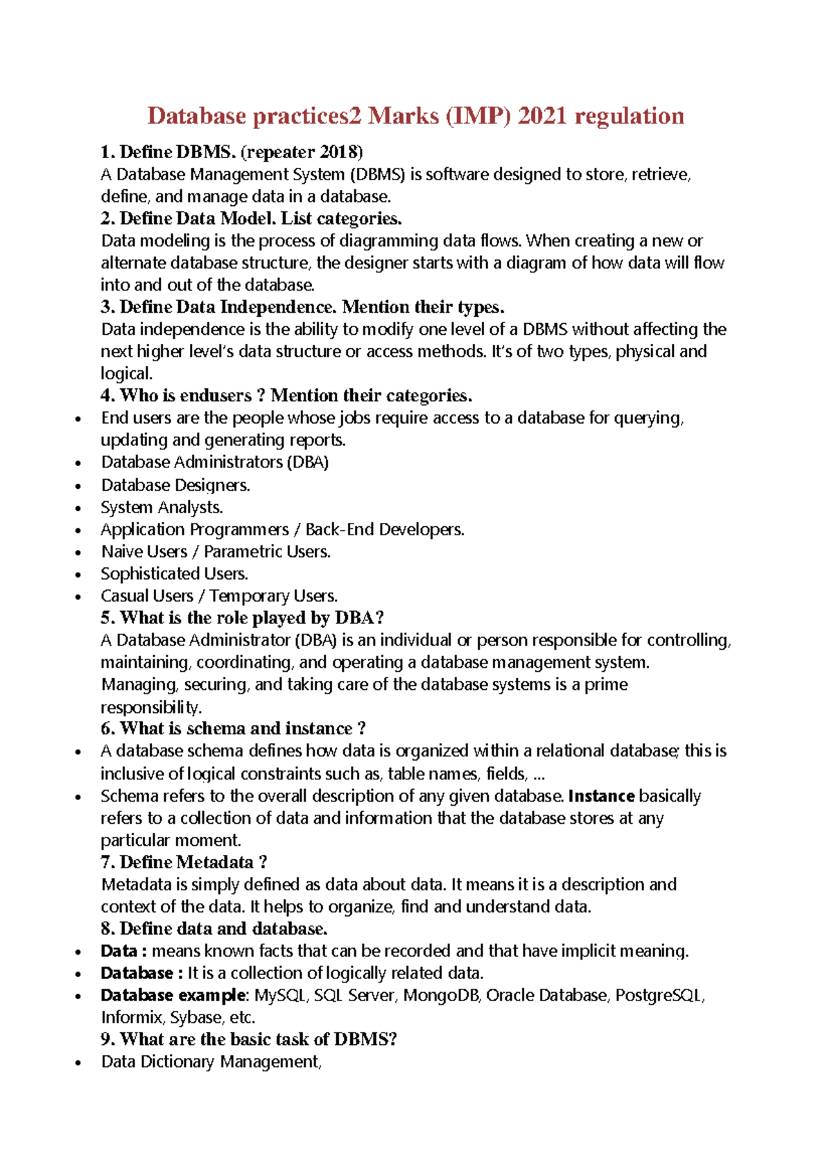Database pratices 2marks QA vinnarasu - Database practices2 Marks (IMP) 2021 regulation 1 ...