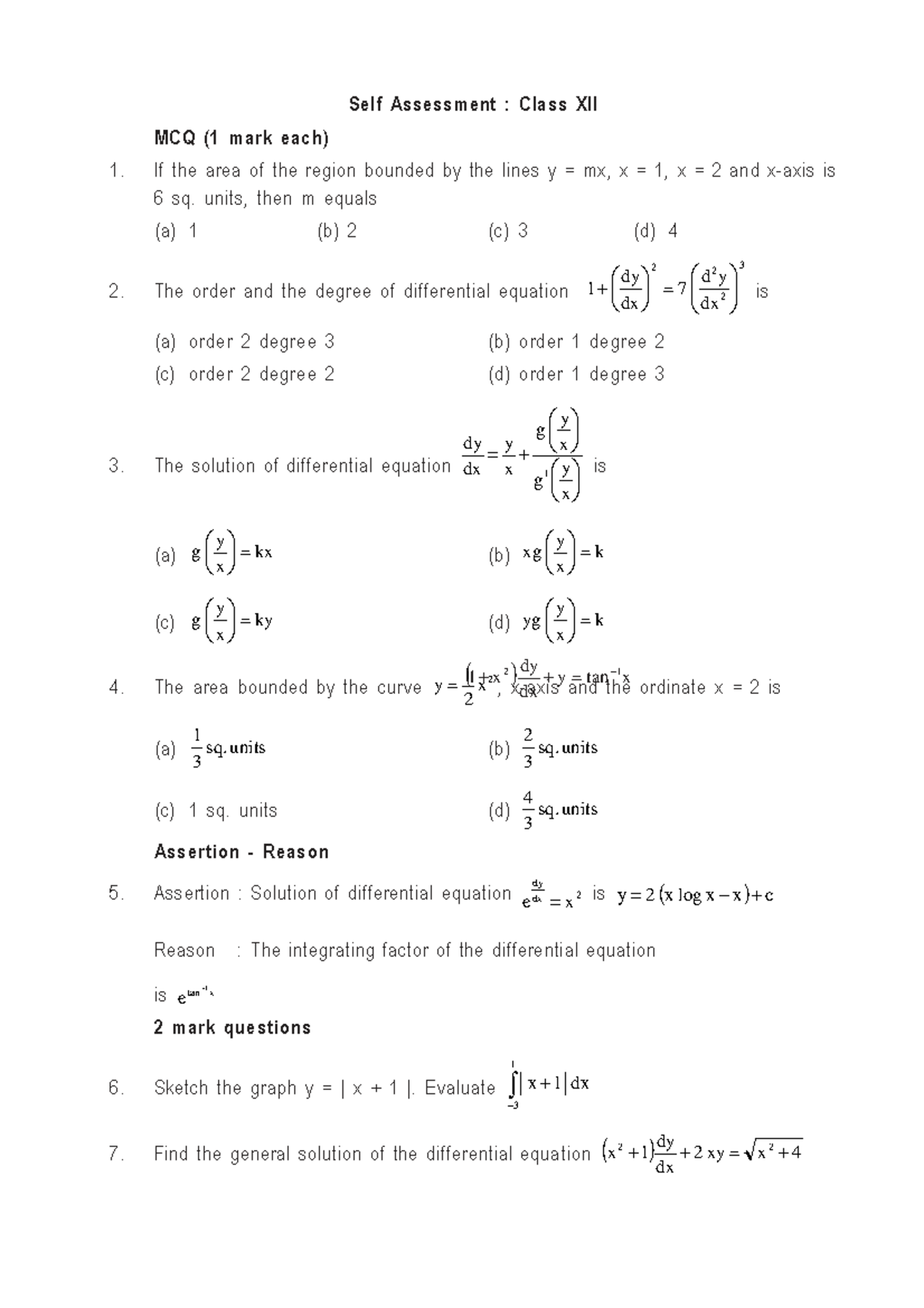 Revision Test-4: Class XII MCQ Self Assessment on Differential ...