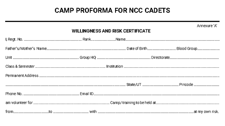 CAMP PROFORMA FOR NCC CADETS: WILLINGNESS & RISK CERTIFICATE - Studocu