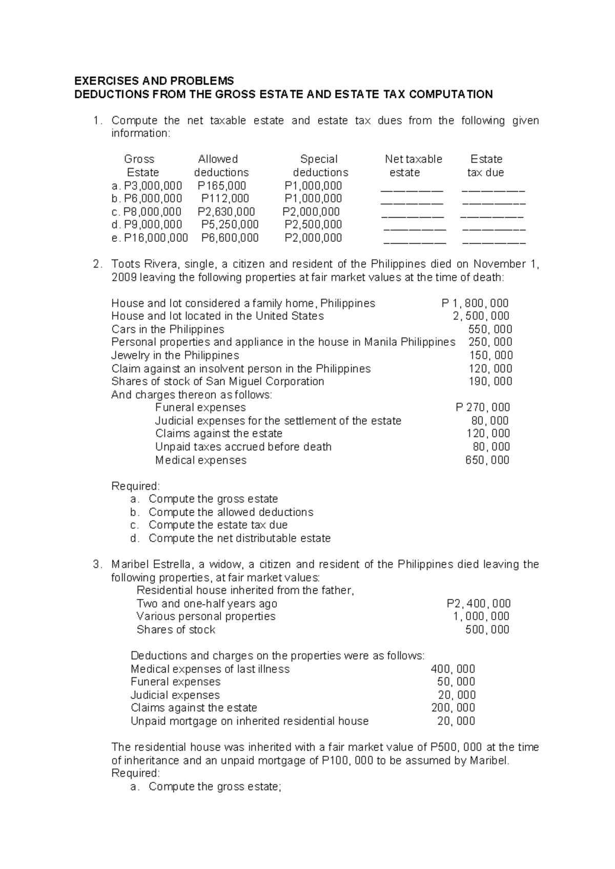 Estate Tax Exercises: Computation of Gross Estate & Deductions - Studocu