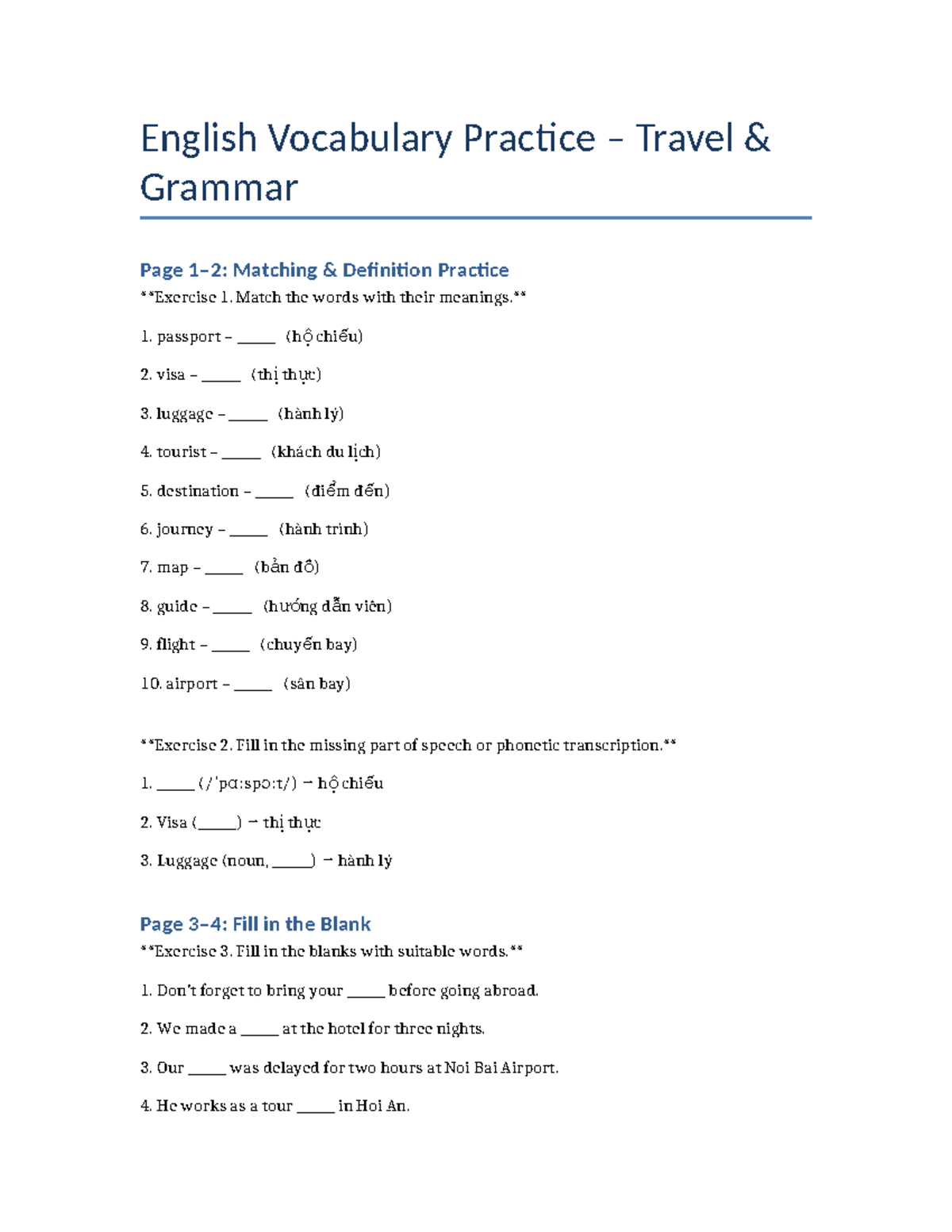 English Vocabulary Practice: Travel Terms & Grammar Exercises - Studocu