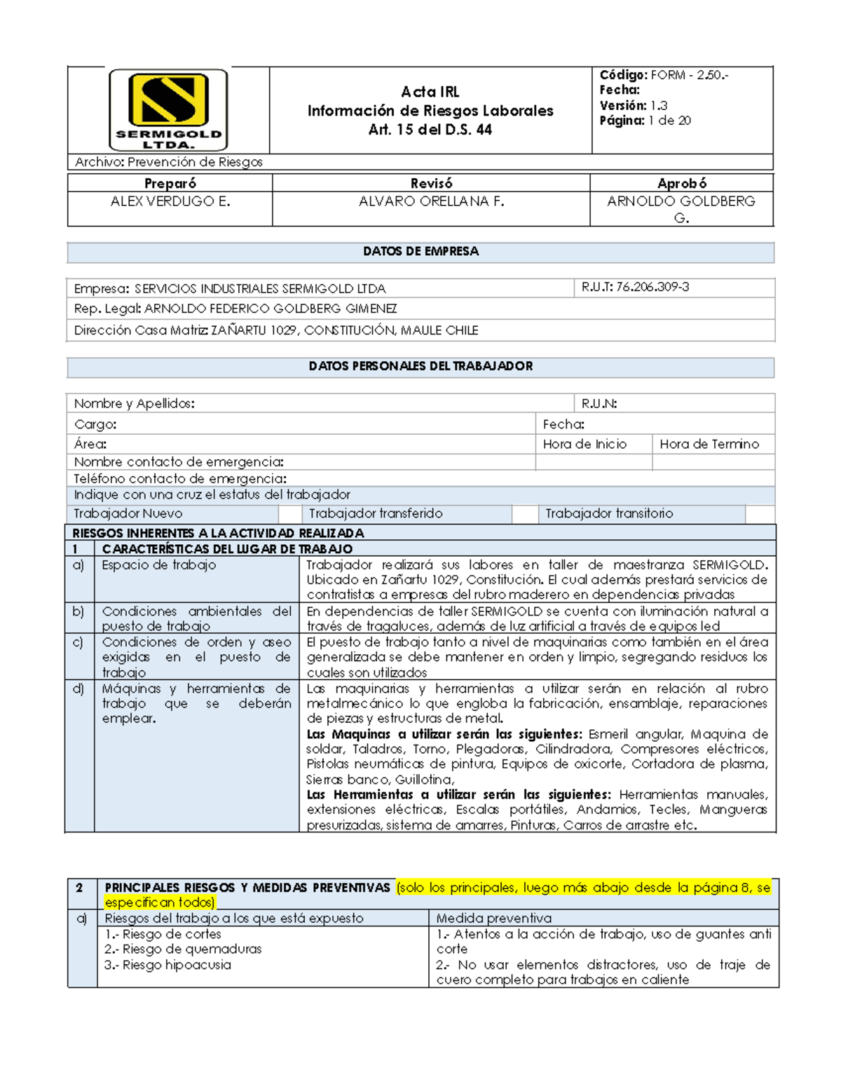 Acta IRL de Información de Riesgos Laborales - FORM 2.50 - Studocu