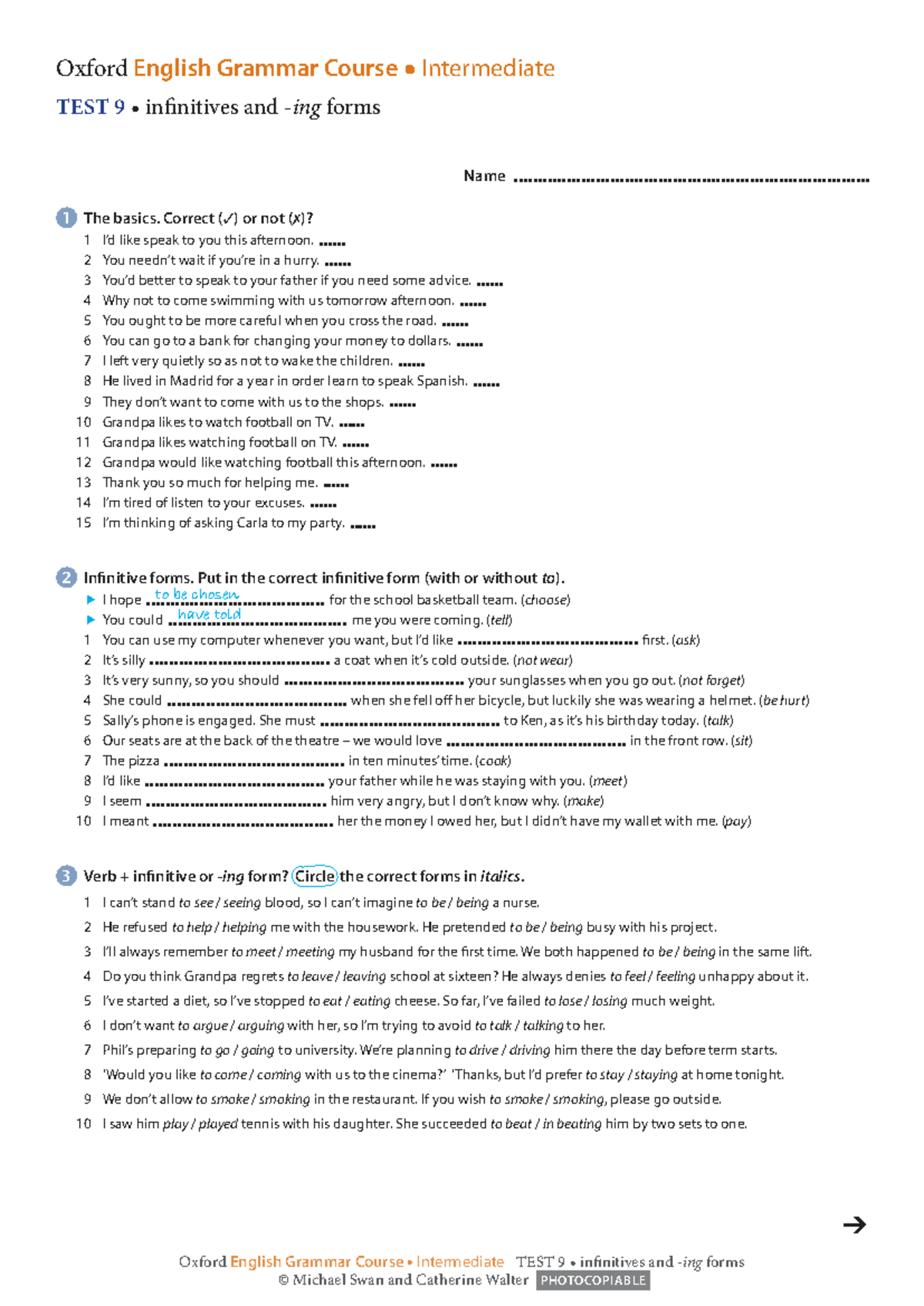 Oxford English Grammar Course Intermediate TEST 9: Infinitives & Forms ...