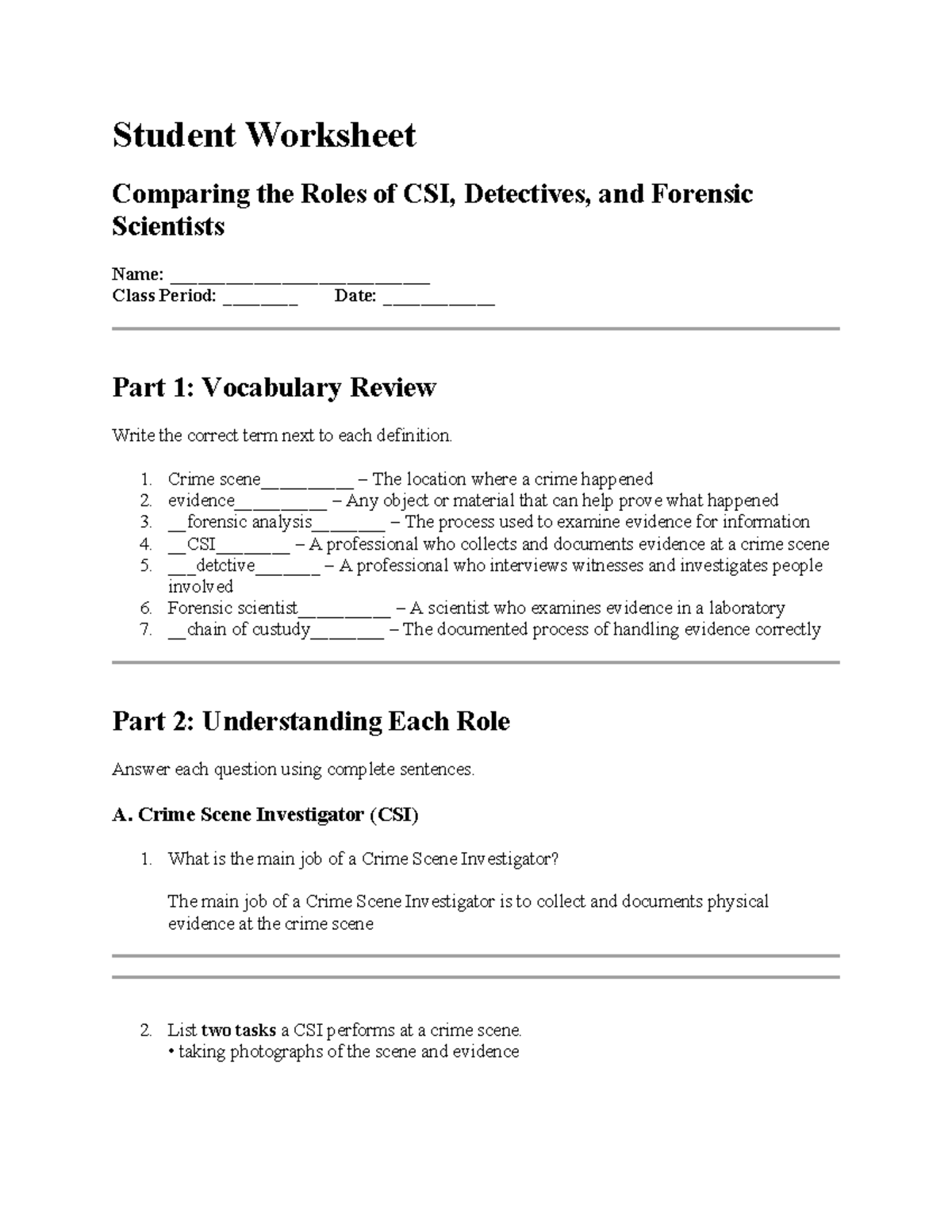 CSI vs Detective vs Forensic Scientist - Comparison Worksheet - Studocu