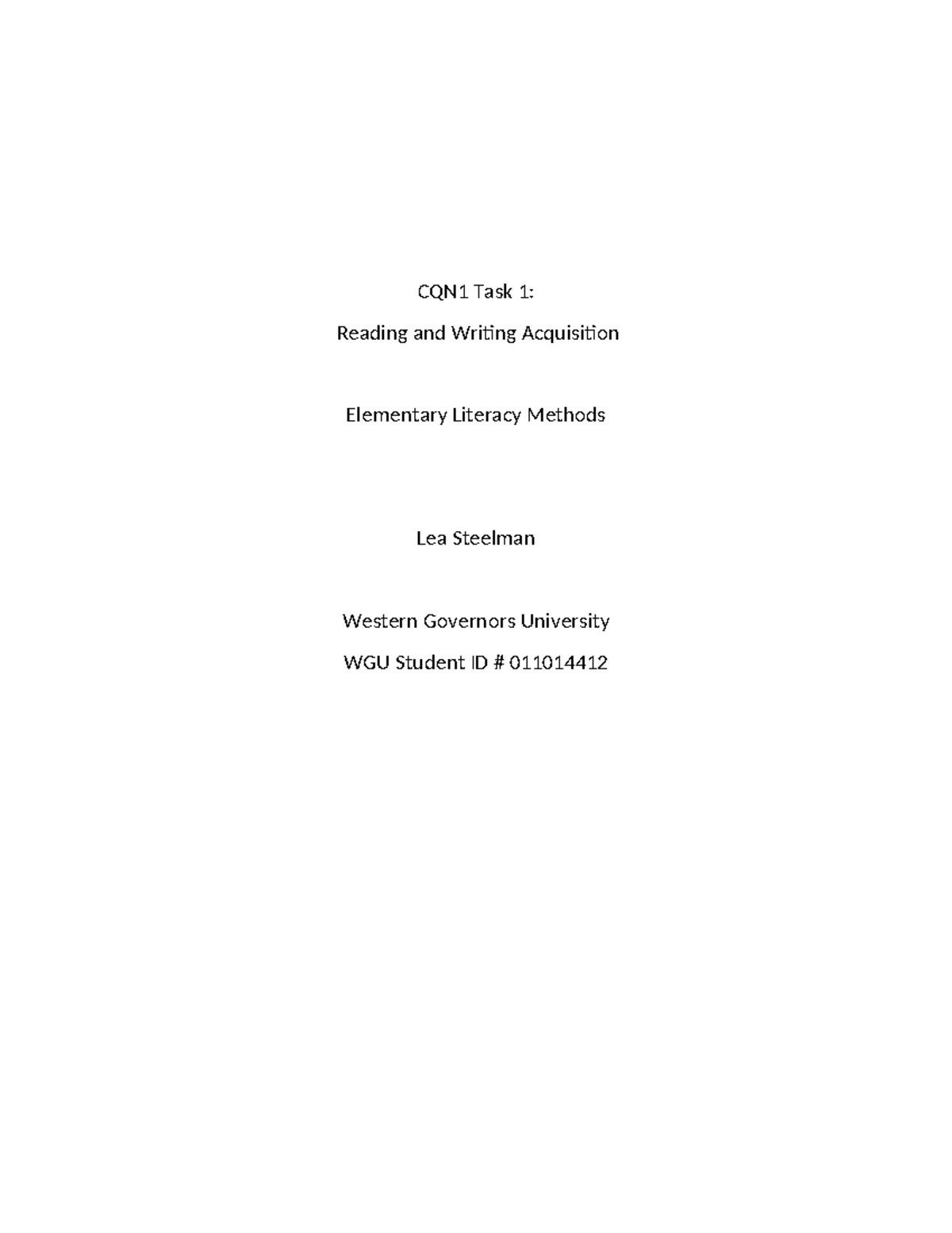 CQN1 Task 1: Reflection on Elementary Literacy Methods - Studocu