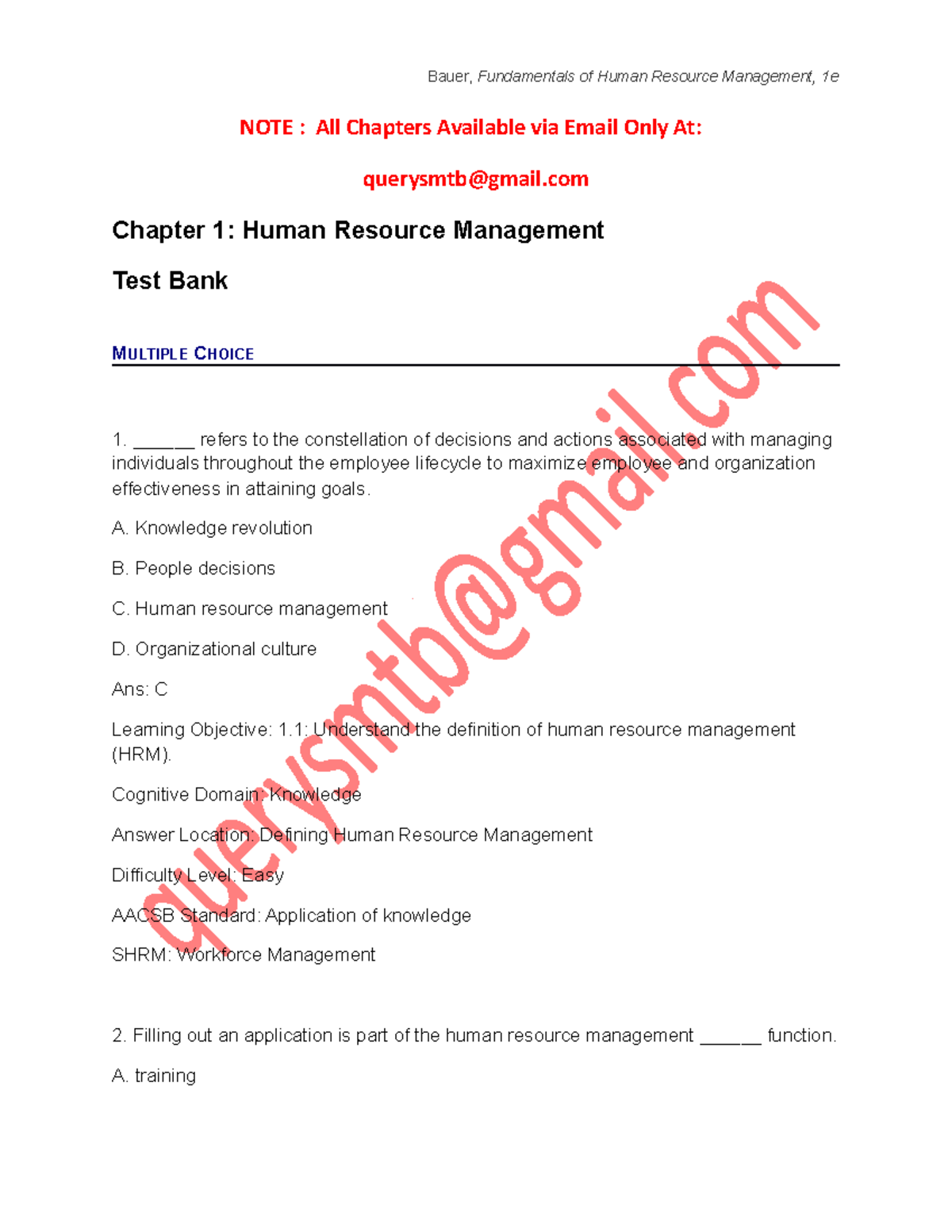 Test Bank Solutions for HRM: People, Data & Analytics (1st Ed.) - Studocu