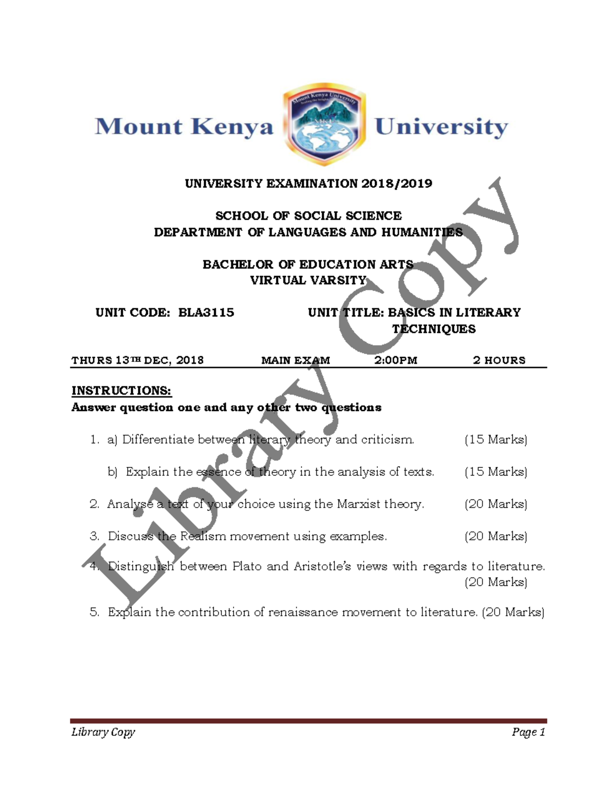 BLA3115 Basics in Literary Techniques Main Exam Guide - Studocu