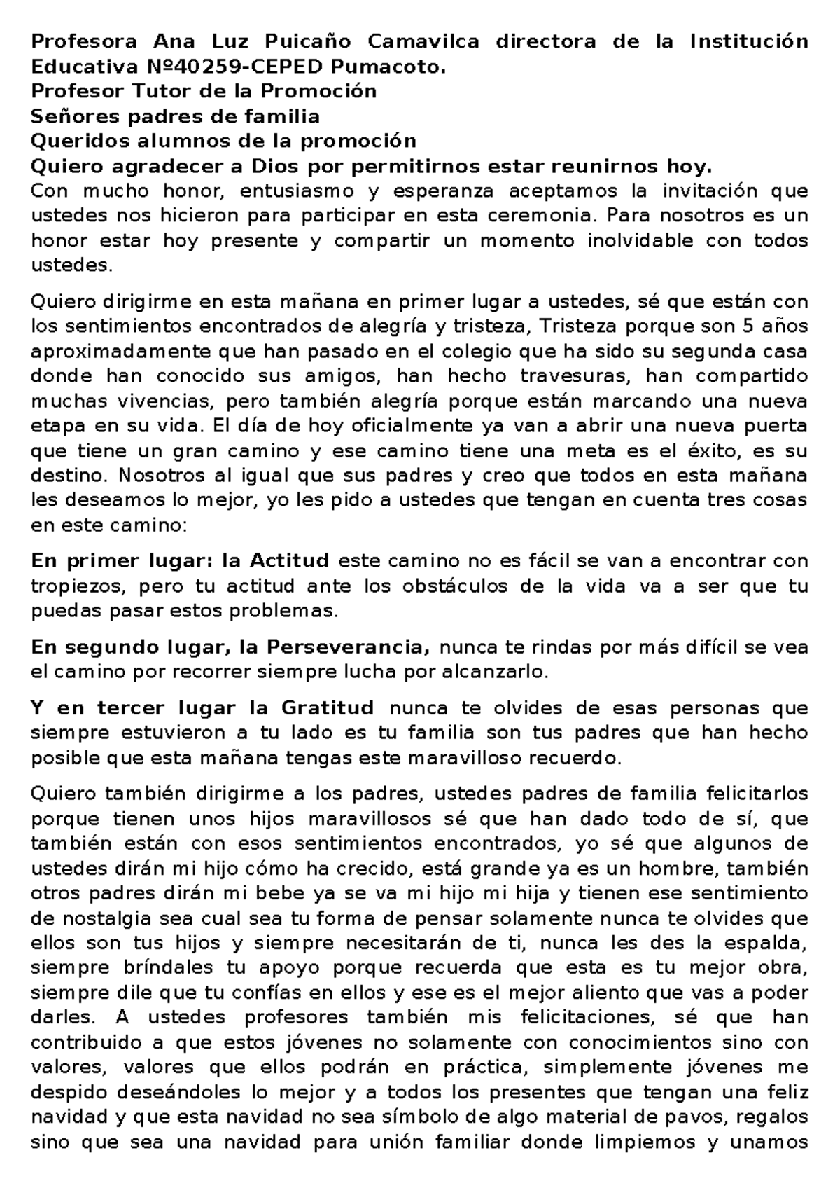 Discurso de Promoción - Ejemplo por Profesora Ana Luz Puicaño - Studocu