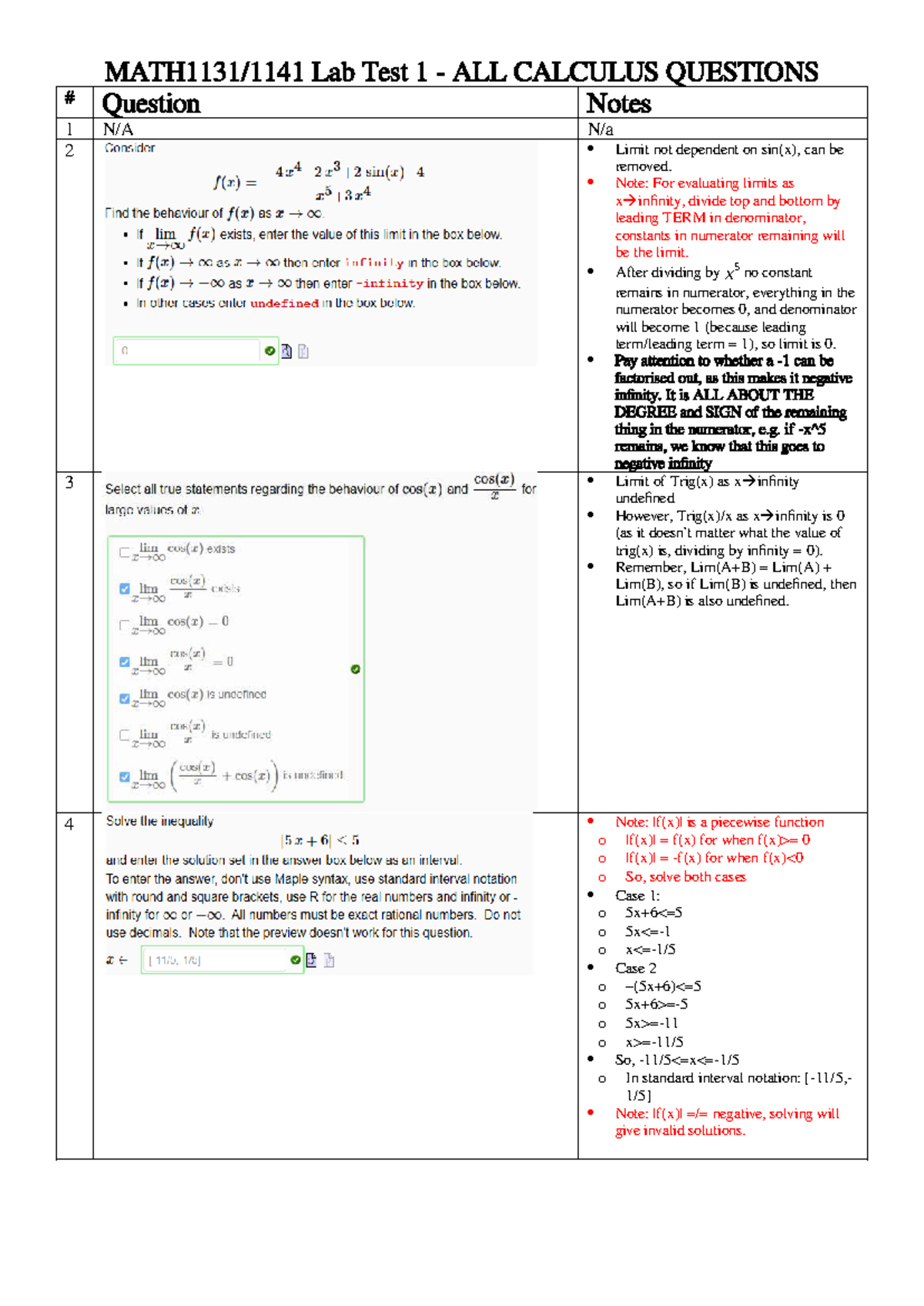 Lab Test 1: Comprehensive Notes on Calculus & Algebra Concepts - Studocu