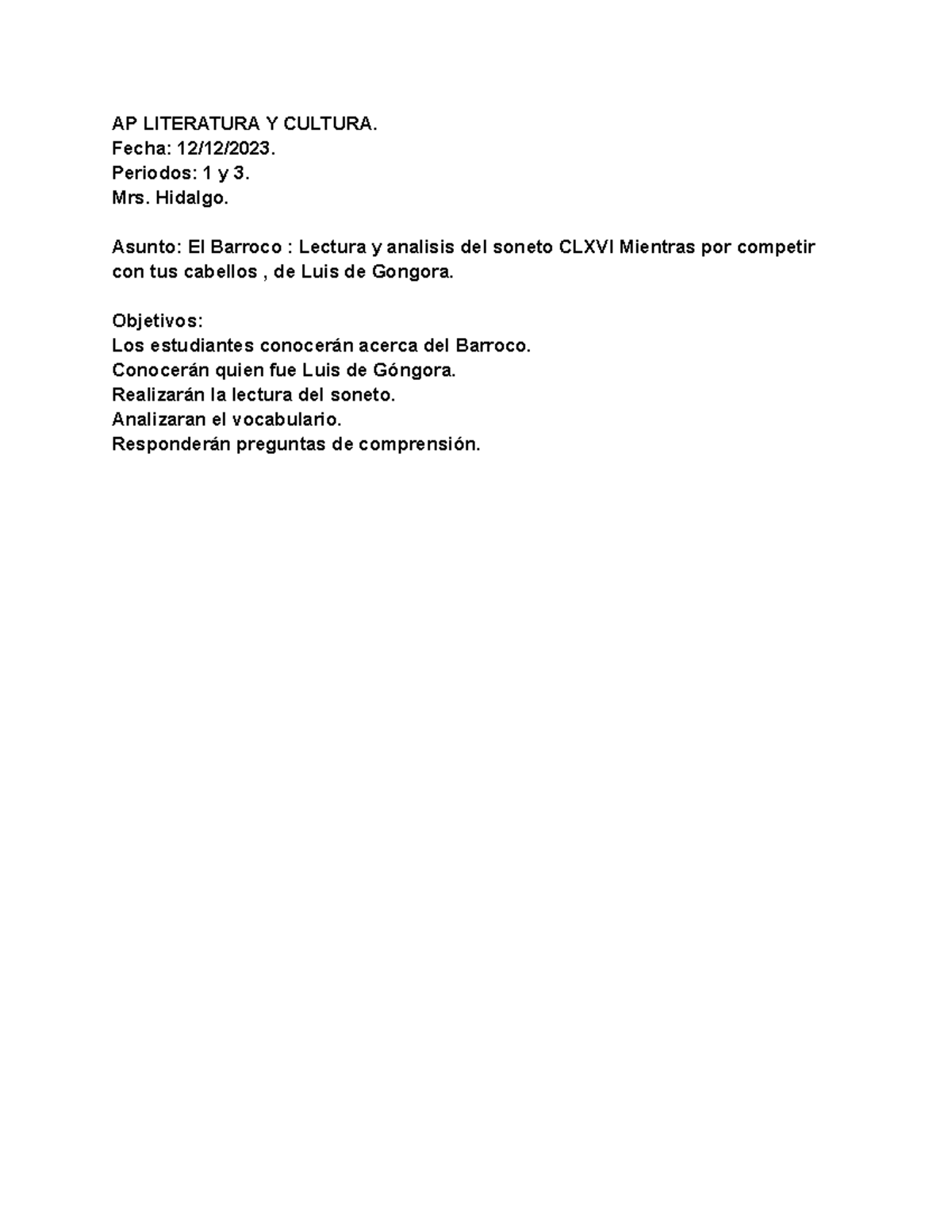 AP LIT. Y CULTURA - Análisis del Soneto CLXVI de Góngora - Studocu