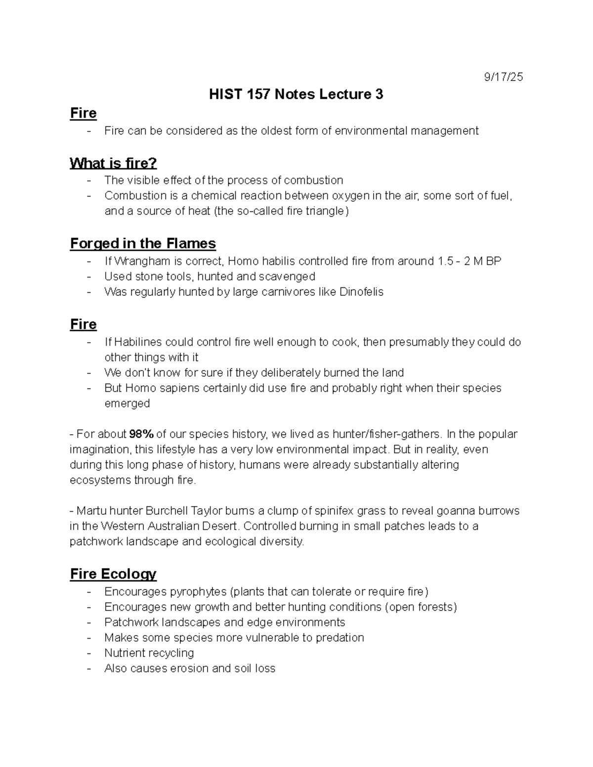 HIST 157 Lecture 3 Notes: Fire Management & Ecology Insights - Studocu