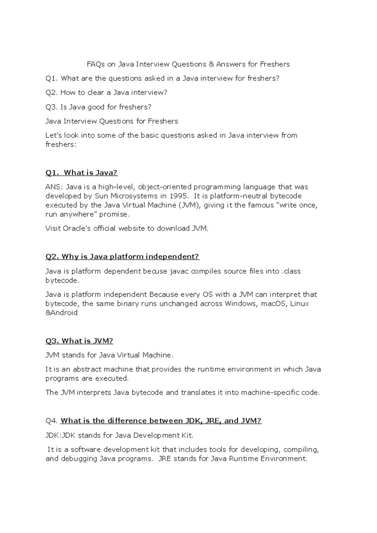 Java Interview Questions for Freshers: FAQs and Key Concepts - Studocu