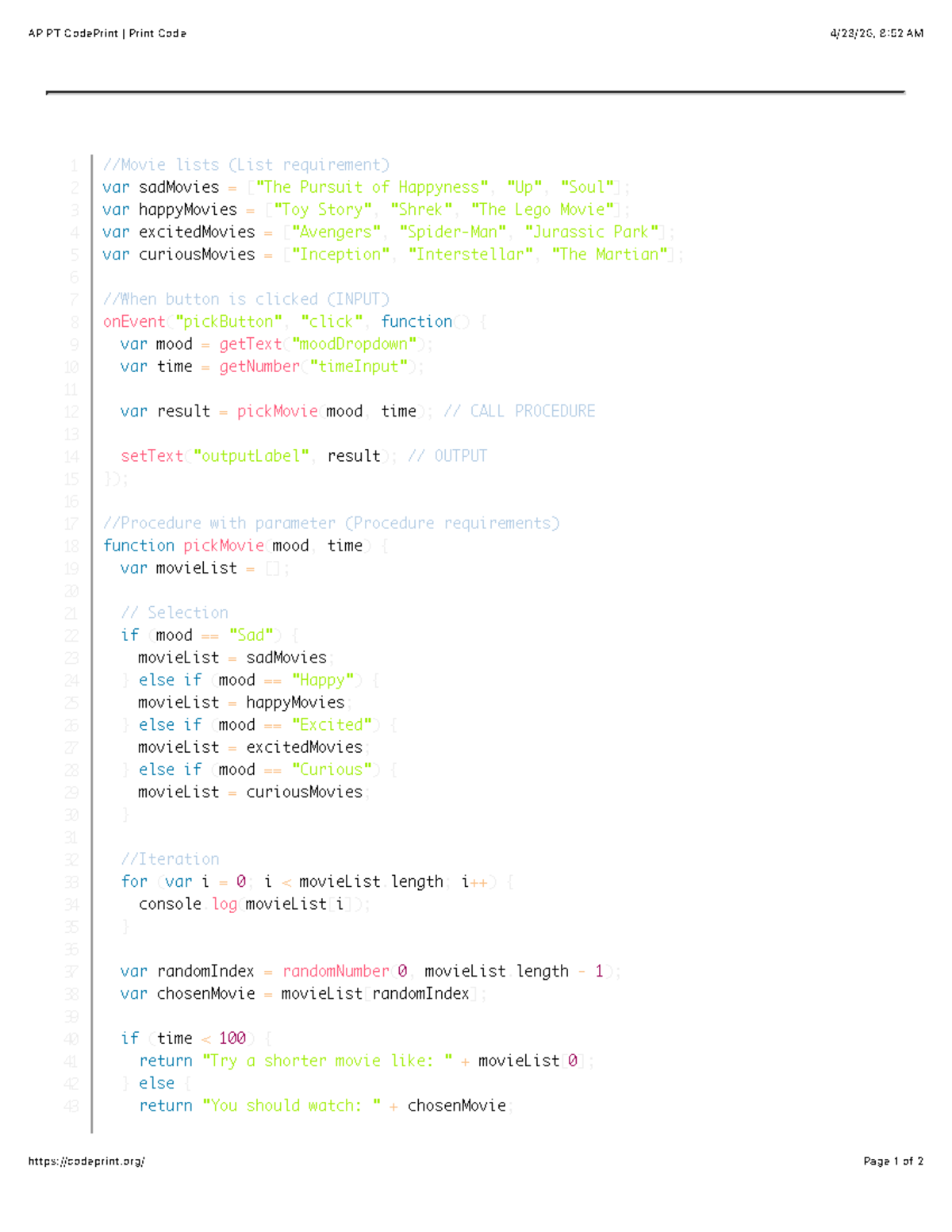 AP PT Code: Movie Selection Algorithm Implementation - Studocu