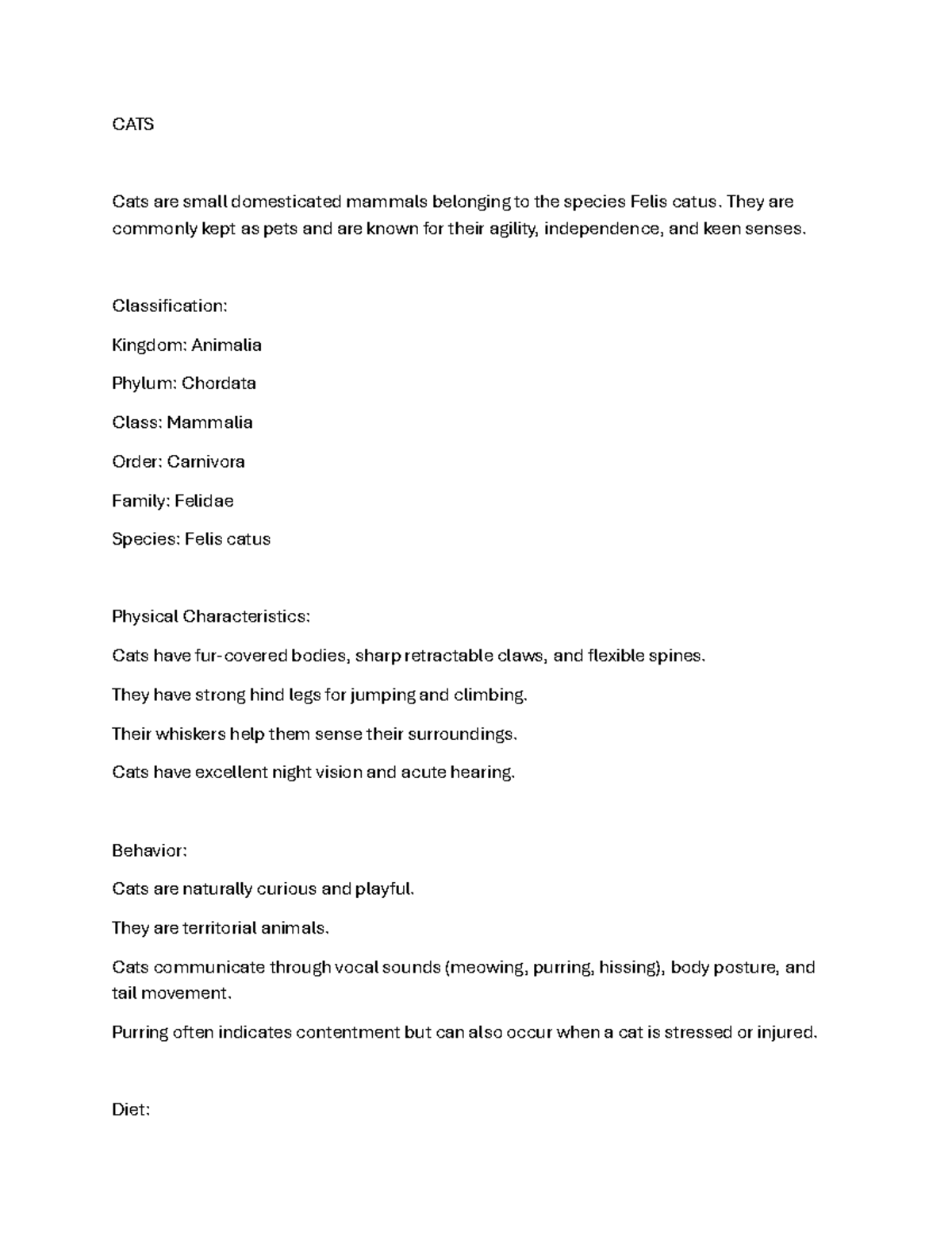 CATS: Comprehensive Overview of Felis catus Characteristics - Studocu